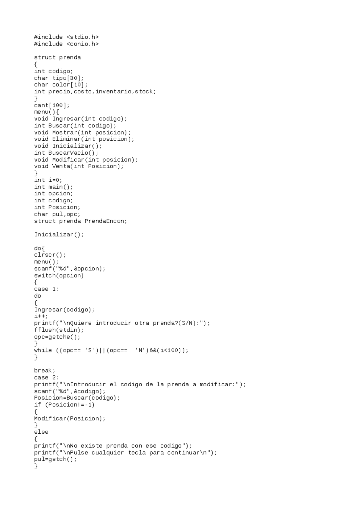Best Inventory - inventario - #include #include struct prenda { int codigo; char tipo[30]; char ...