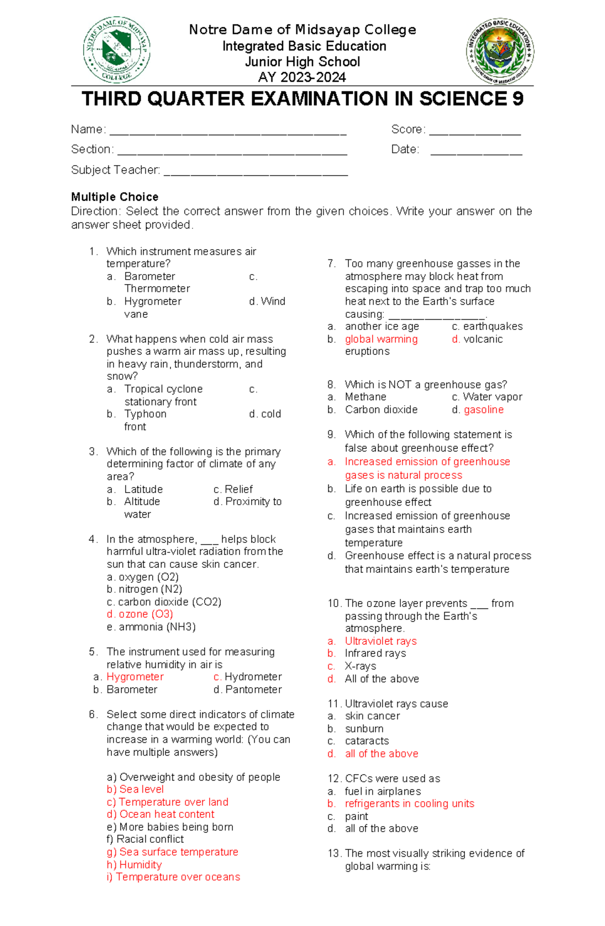 SAMPLE TEST QUESTION IN SCIENCE - Notre Dame of Midsayap College ...