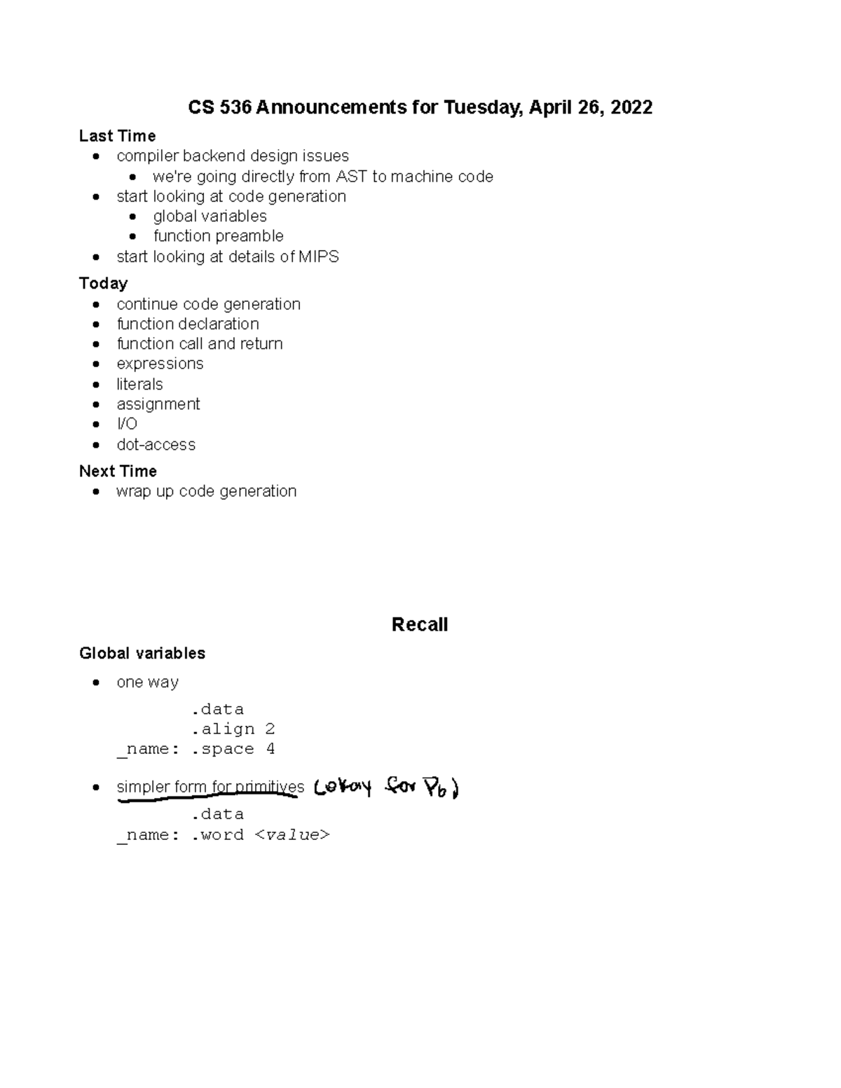 Lec Week14 Lecture Notes For Week14 Cs 536 Announcements For Tuesday April 26 2022 Last