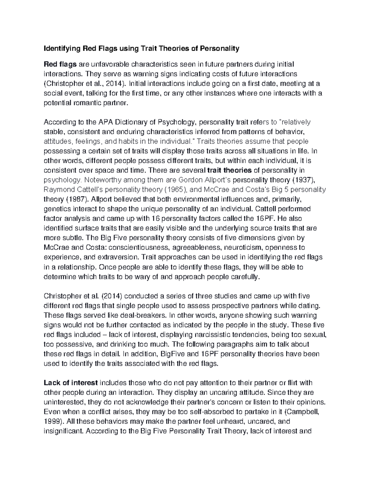 Using Trait theories to depict Red Flags in Relationships - Identifying ...