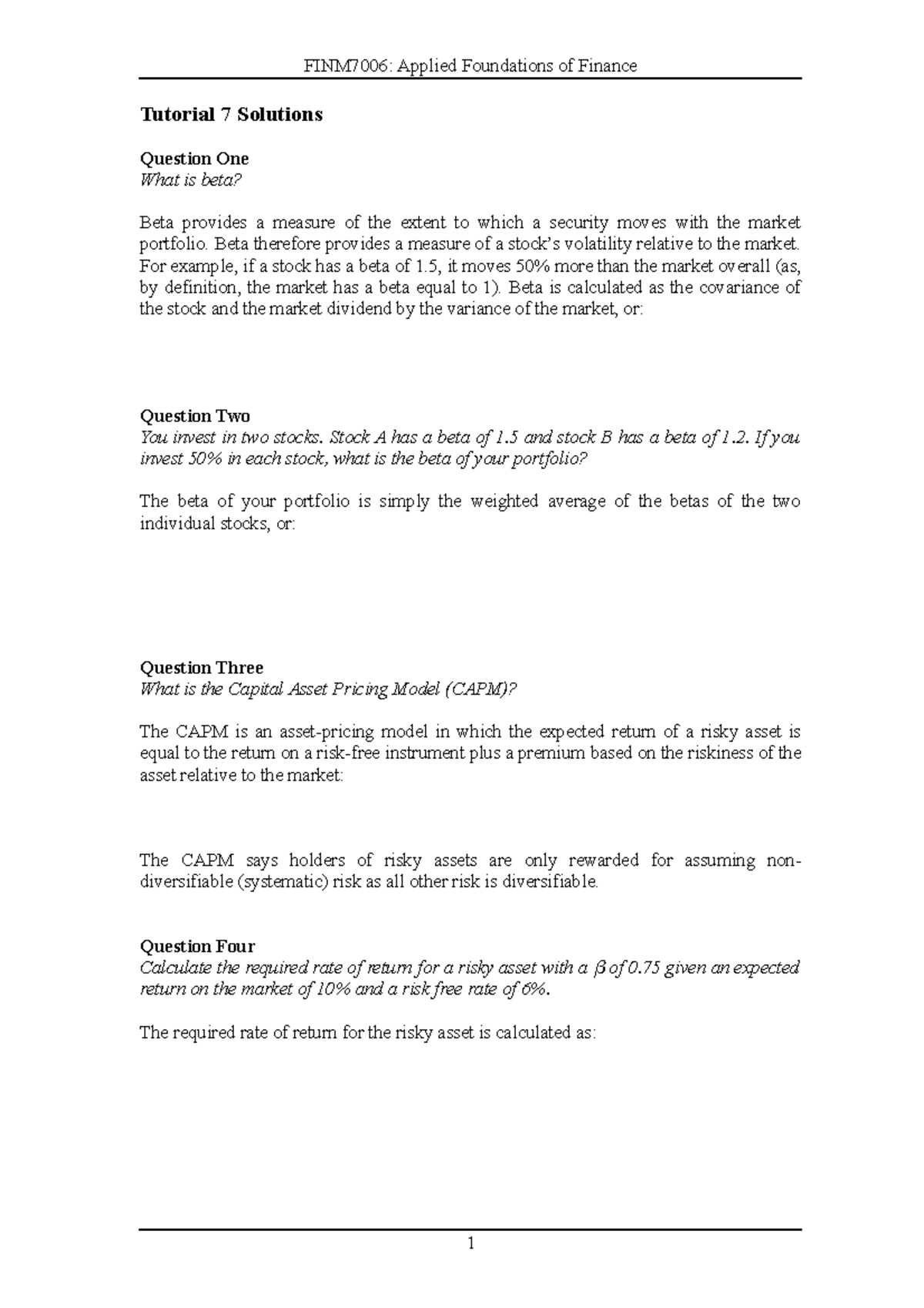 Tutorial 7 Solutions - ssaaaaa - FINM7006: Applied Foundations of Finance Tutorial 7 Solutions ...