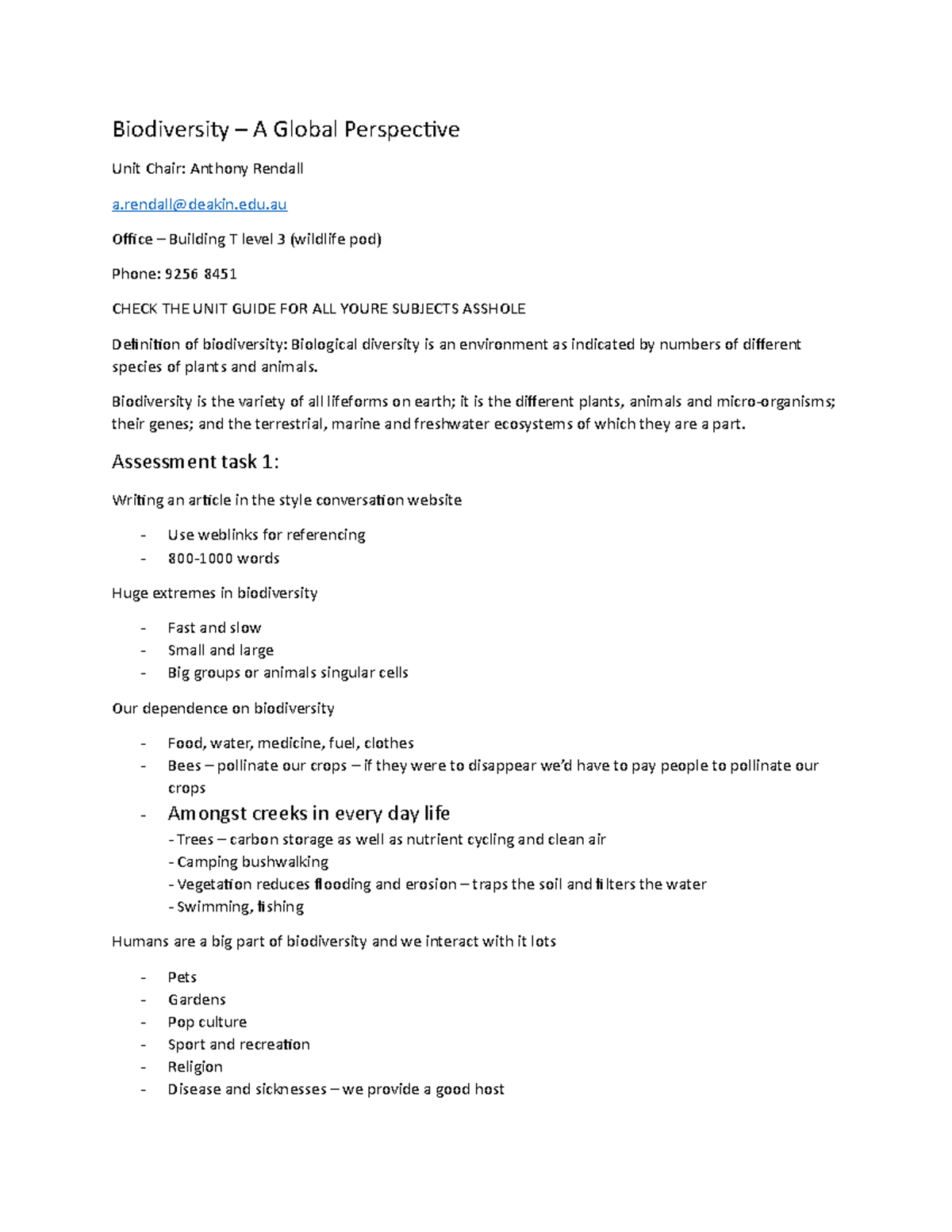 Biodiversity lecture 1 - Biodiversity – A Global Perspective Unit Chair ...