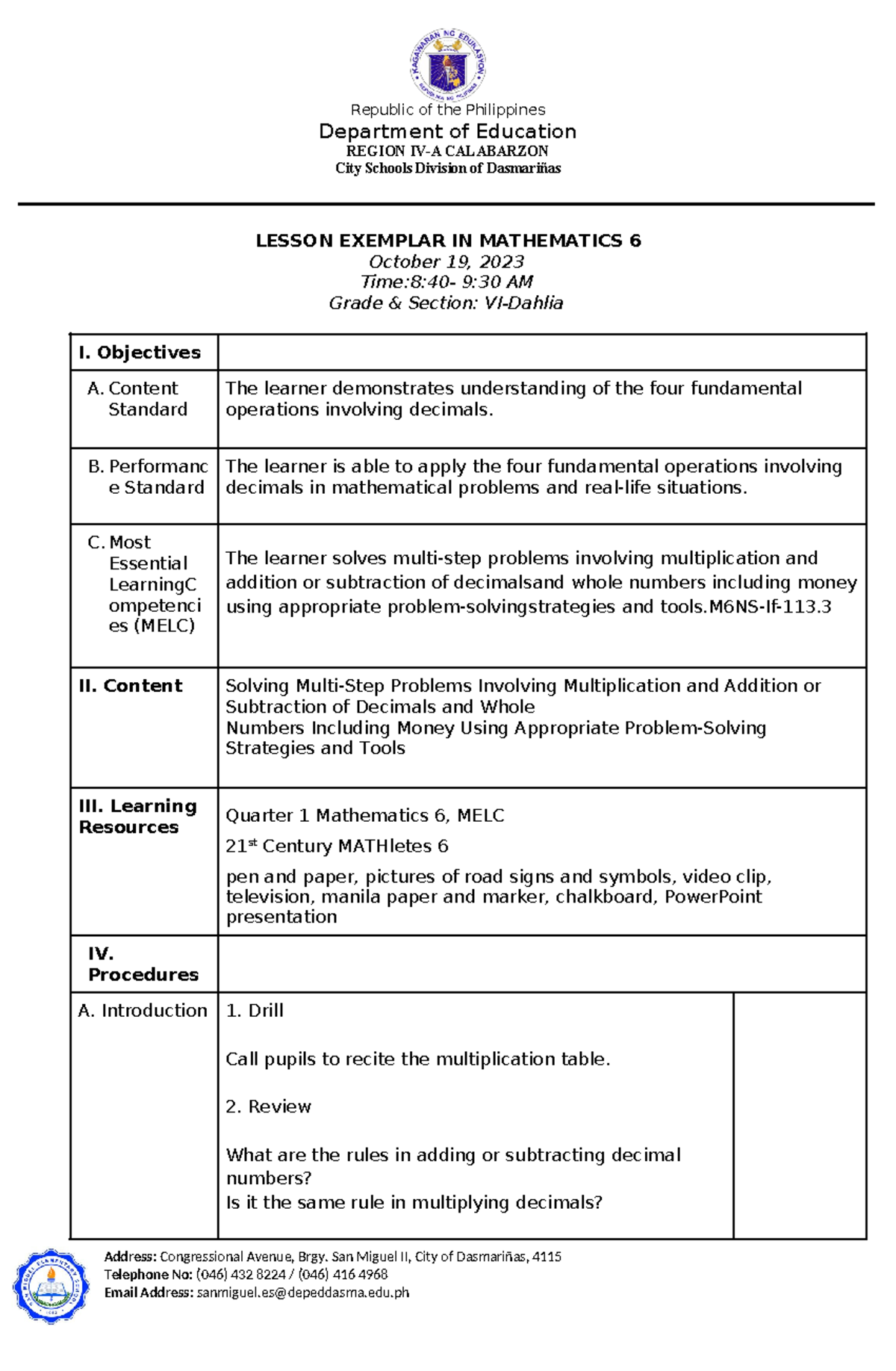 Cot2 math6 - Republic of the Philippines Department of Education REGION ...
