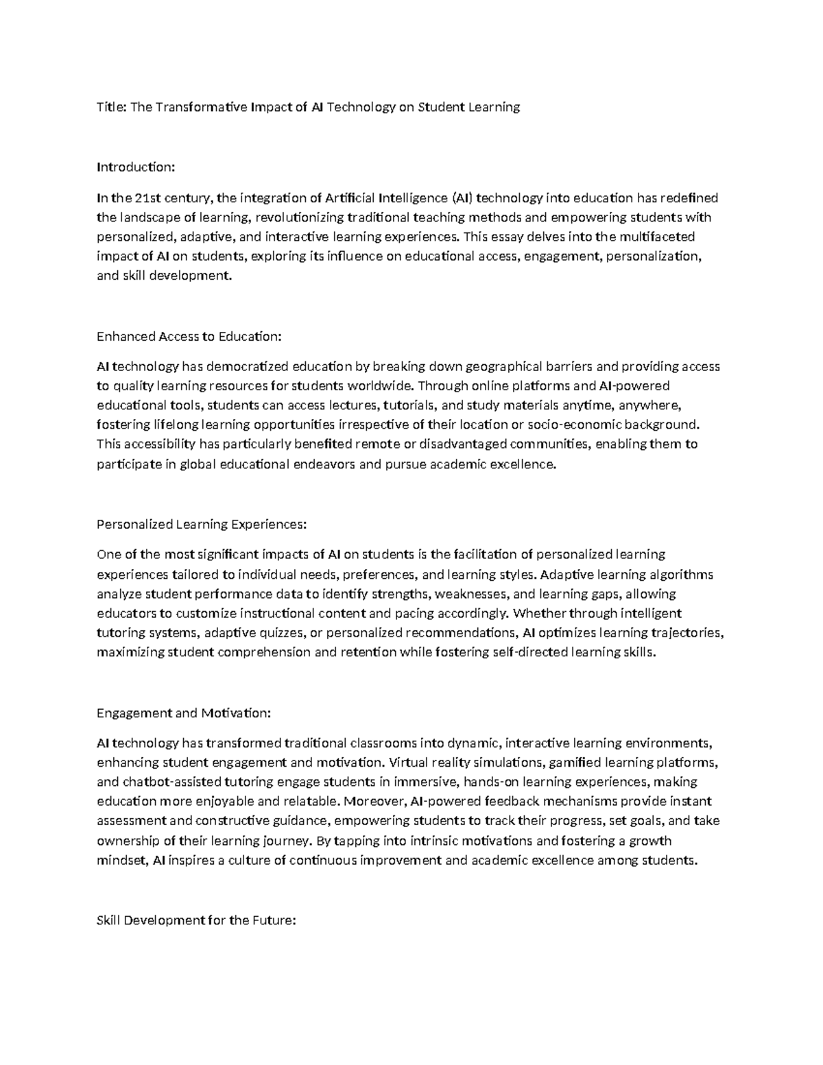 The Transformative Impact of AI Technology on Student Learning - Title ...