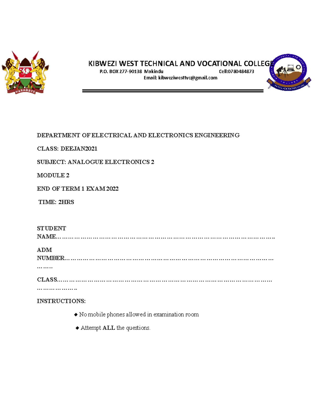Analogue 2 EXAM - DEPARTMENT OF ELECTRICAL AND ELECTRONICS ENGINEERING ...