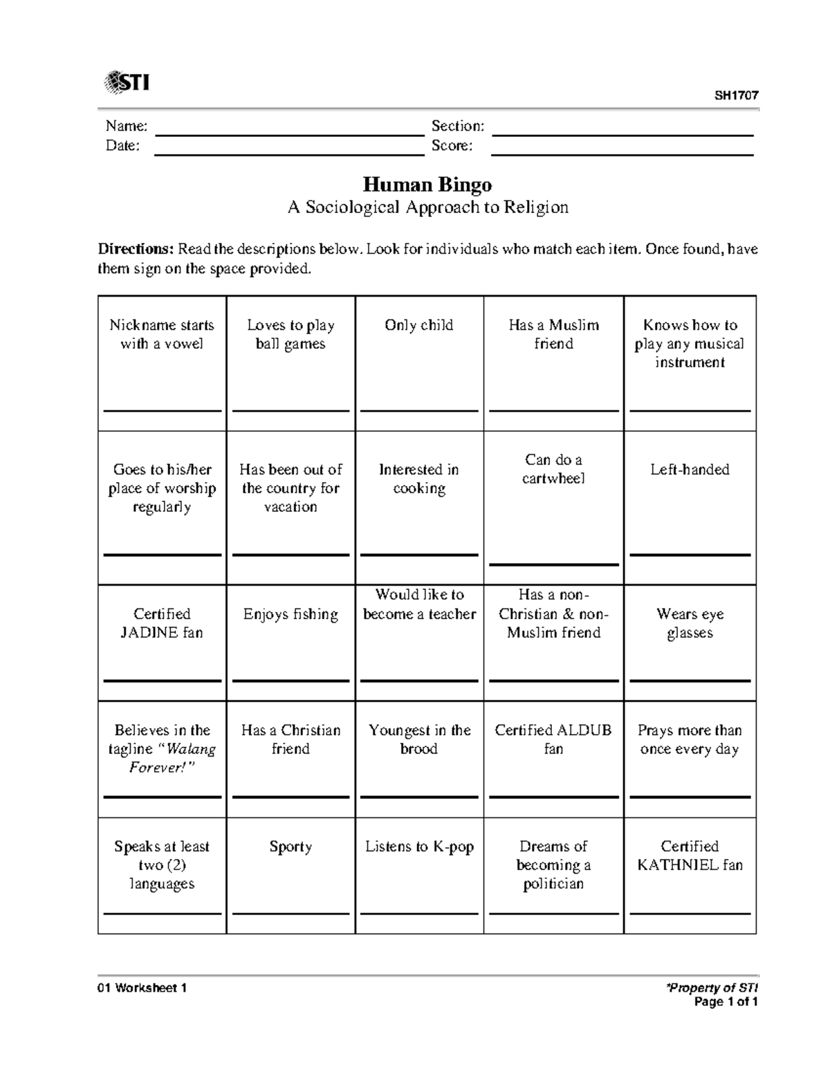 SH1707 - Intro to World Religion 01 Worksheet 1 - SH 01 Worksheet 1 ...