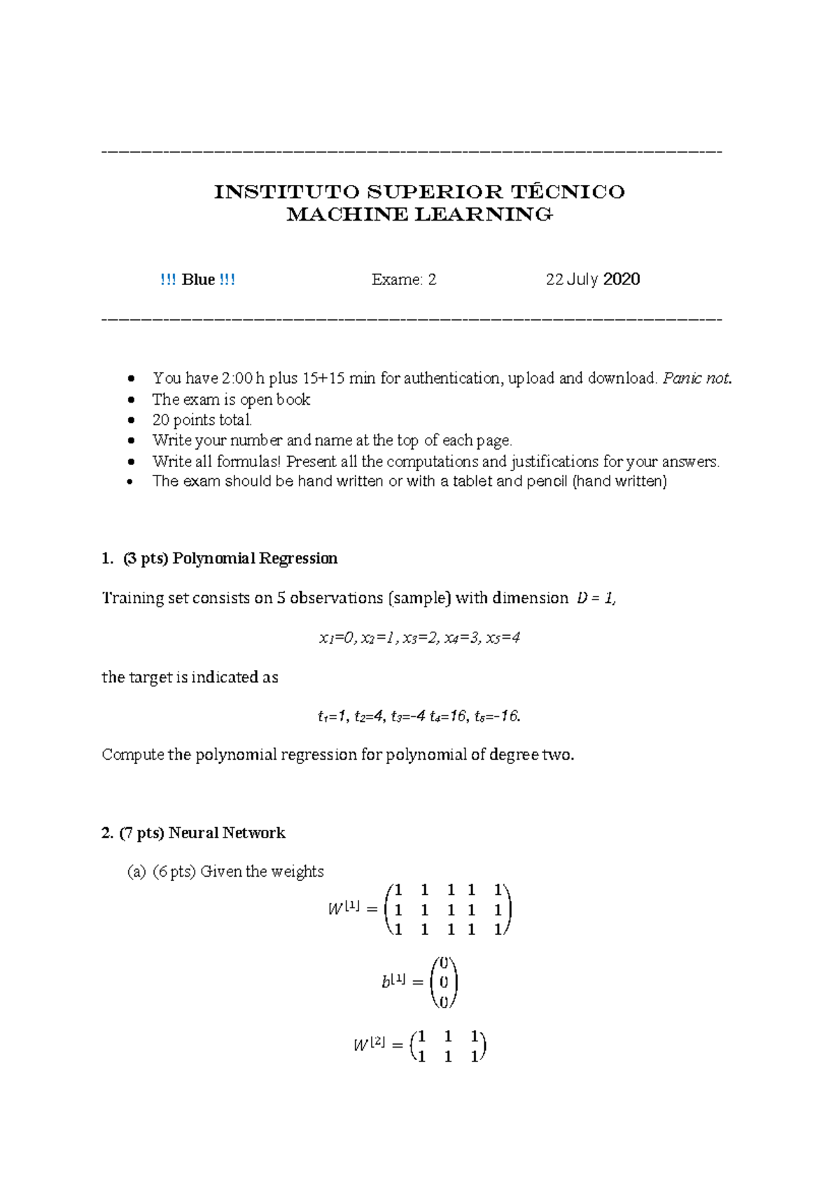 Exam Machine learning 2 - INSTITUTO SUPERIOR TÉCNICO Machine Learning ...