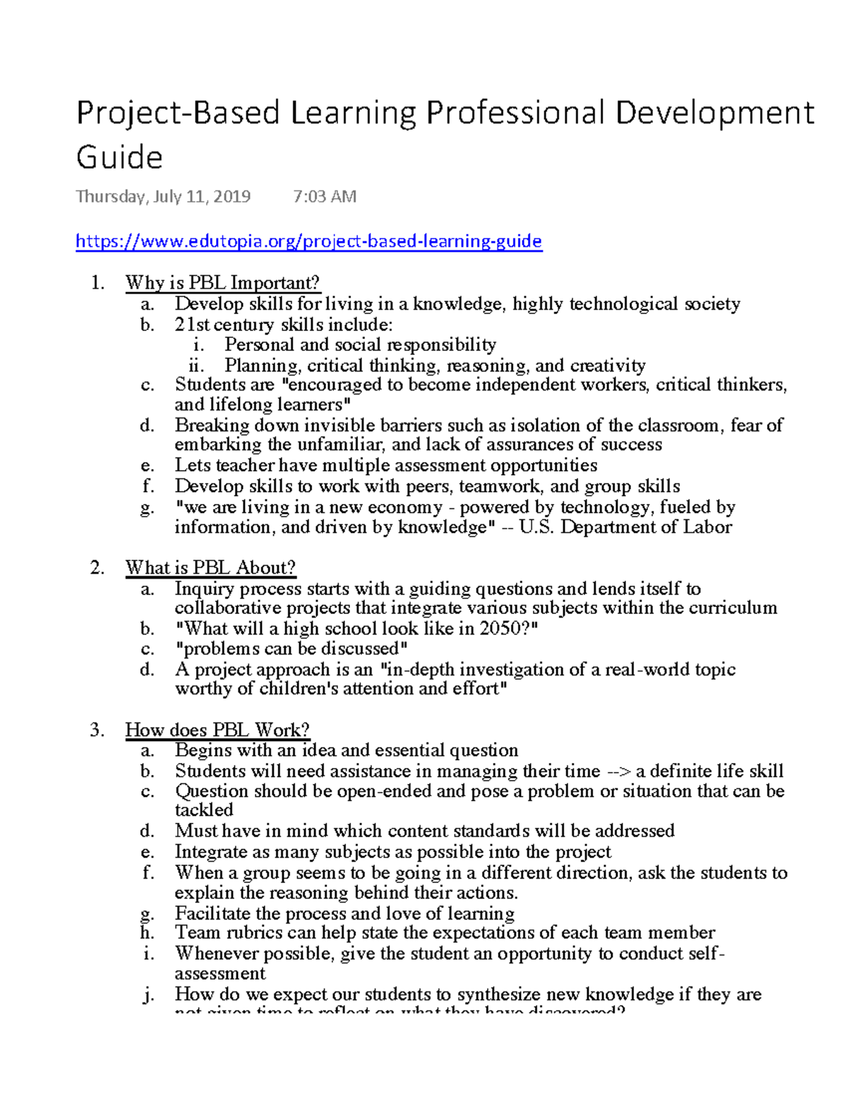 Project-Based Learning Professional Development Guide - Warning: TT ...