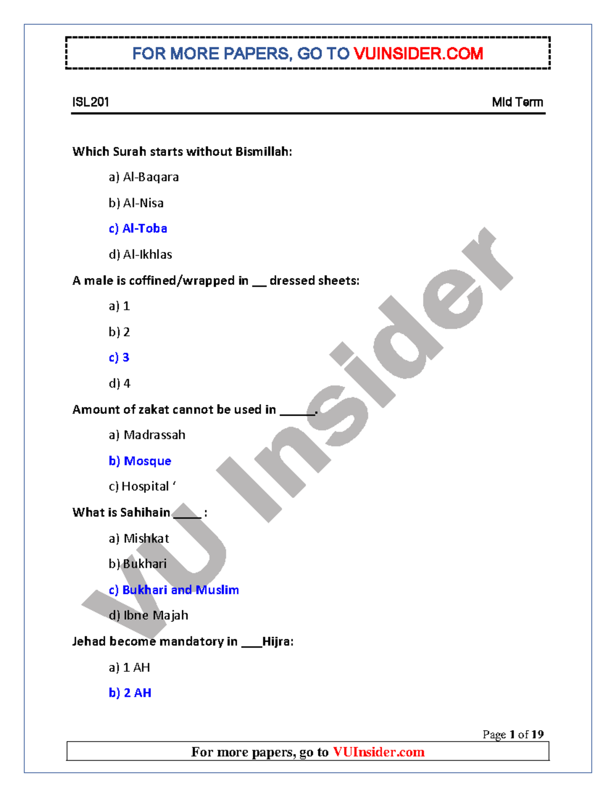 ISL201 Mid Term Past Papers Mega File - ISL 201 Mid Term Page 1 of 19 ...