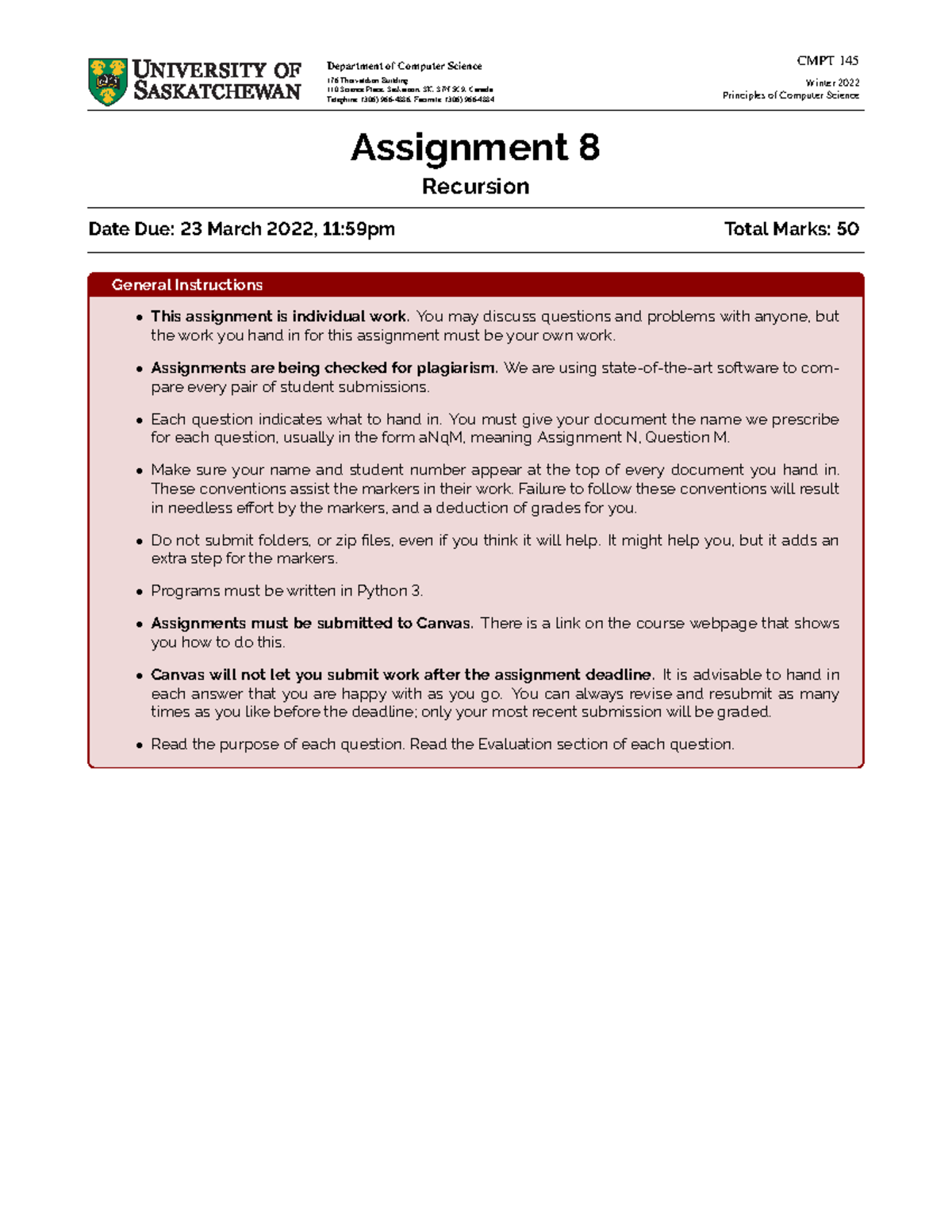 Assignment 8 of CMPT 145 - Department of Computer Science 176 ...