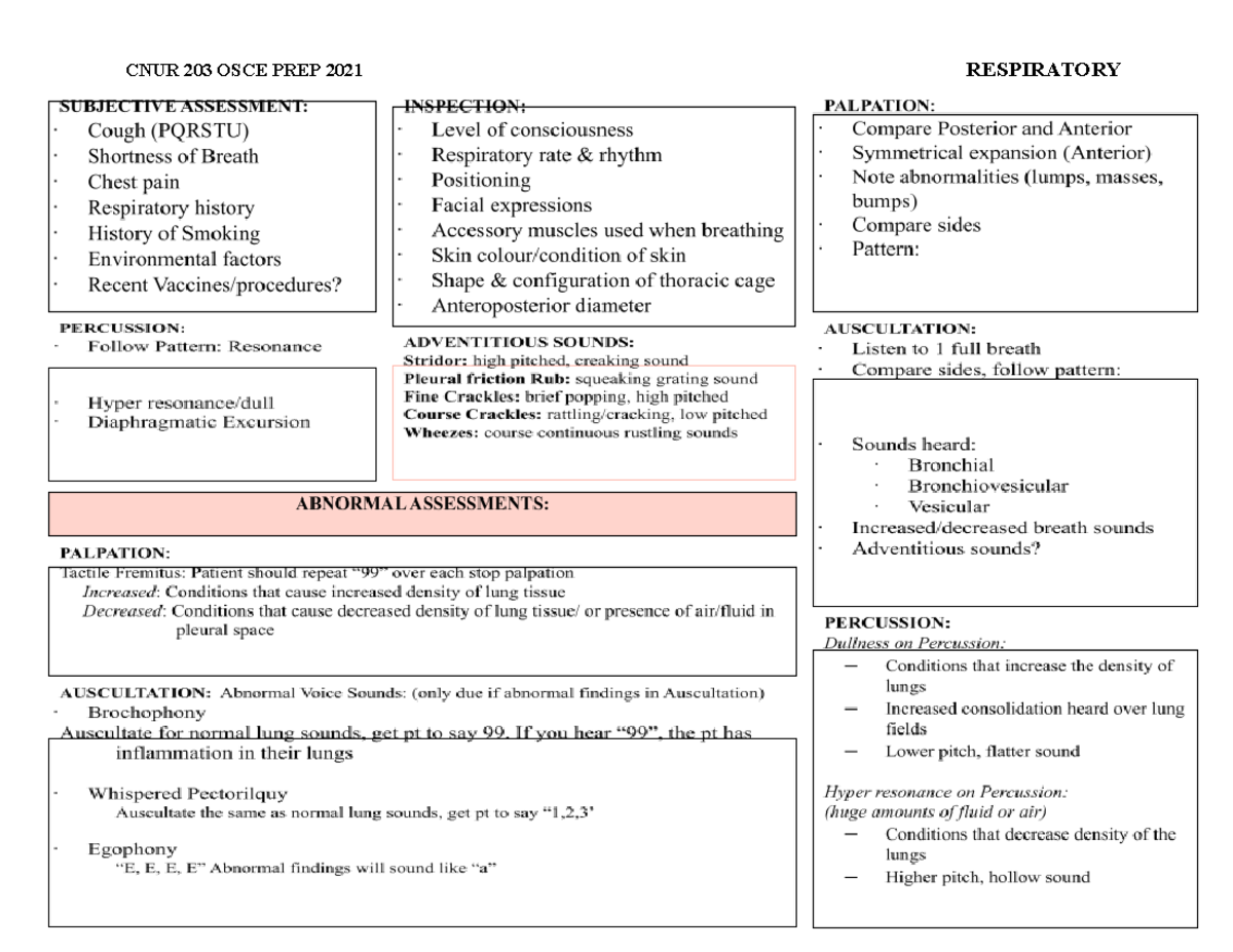 Everything FOR CNUR 203 Mosce - CNUR 203 OSCE PREP 2021 RESPIRATORY CNUR 203 OSCE PREP 20121 ...