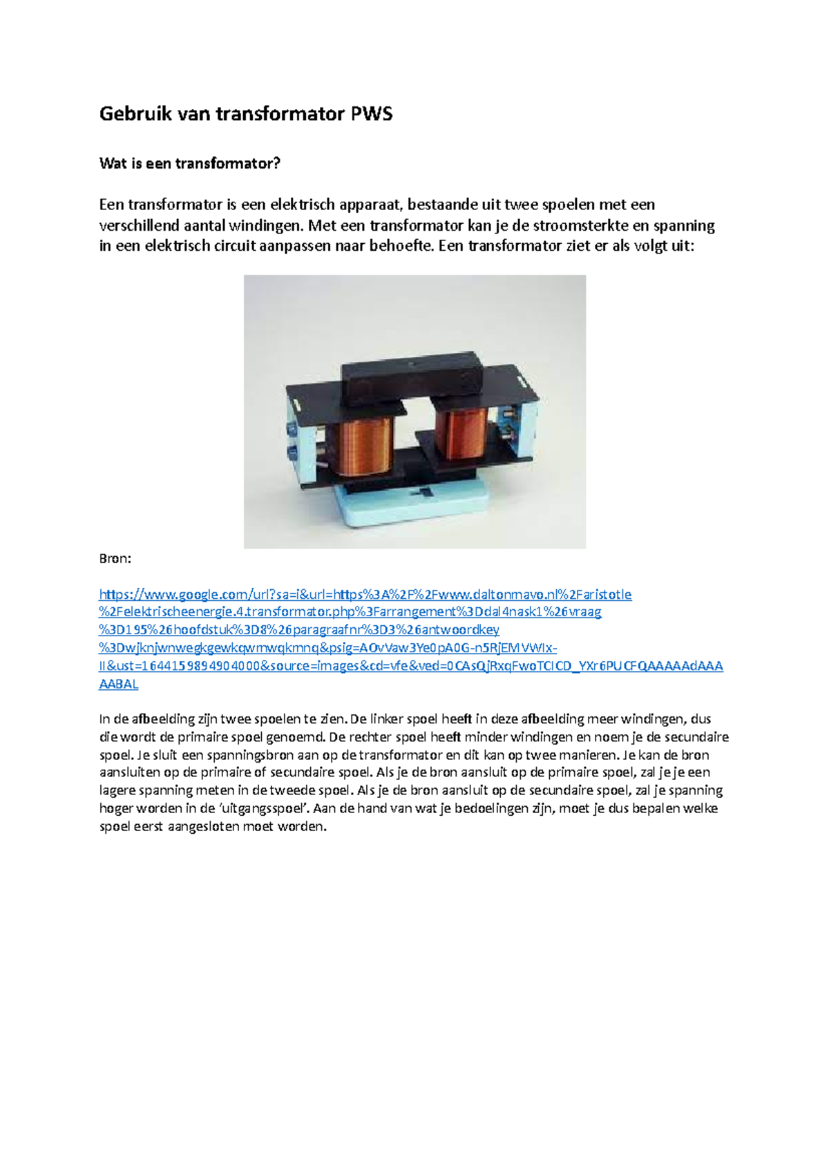 Gebruik van transformator PWS - Met een transformator kan je de ...