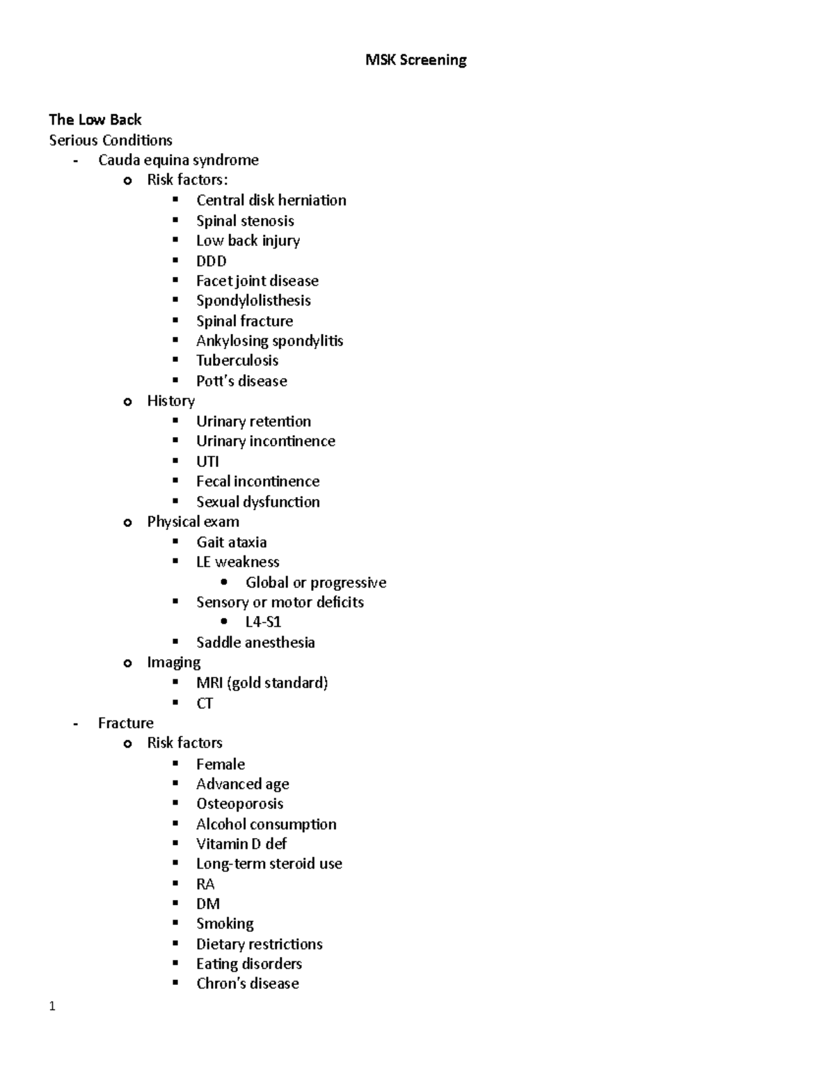 Final Exam SG copy - MSK Screening The Low Back Serious Conditions ...