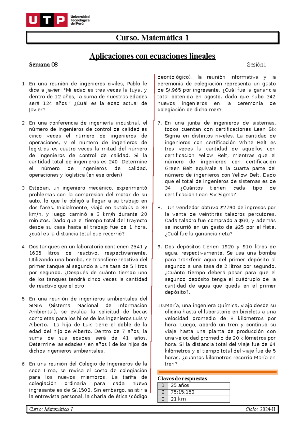 S08 s1 Resolver ejercicios-Aplicaciones con ecuaciones lineales - Curso. Matemática 1 ...