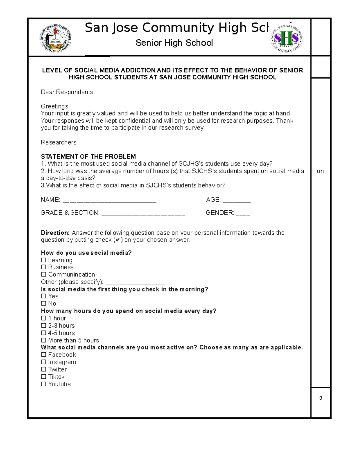 Group 15 questionnaire abm - LEVEL OF SOCIAL MEDIA ADDICTION AND ITS ...