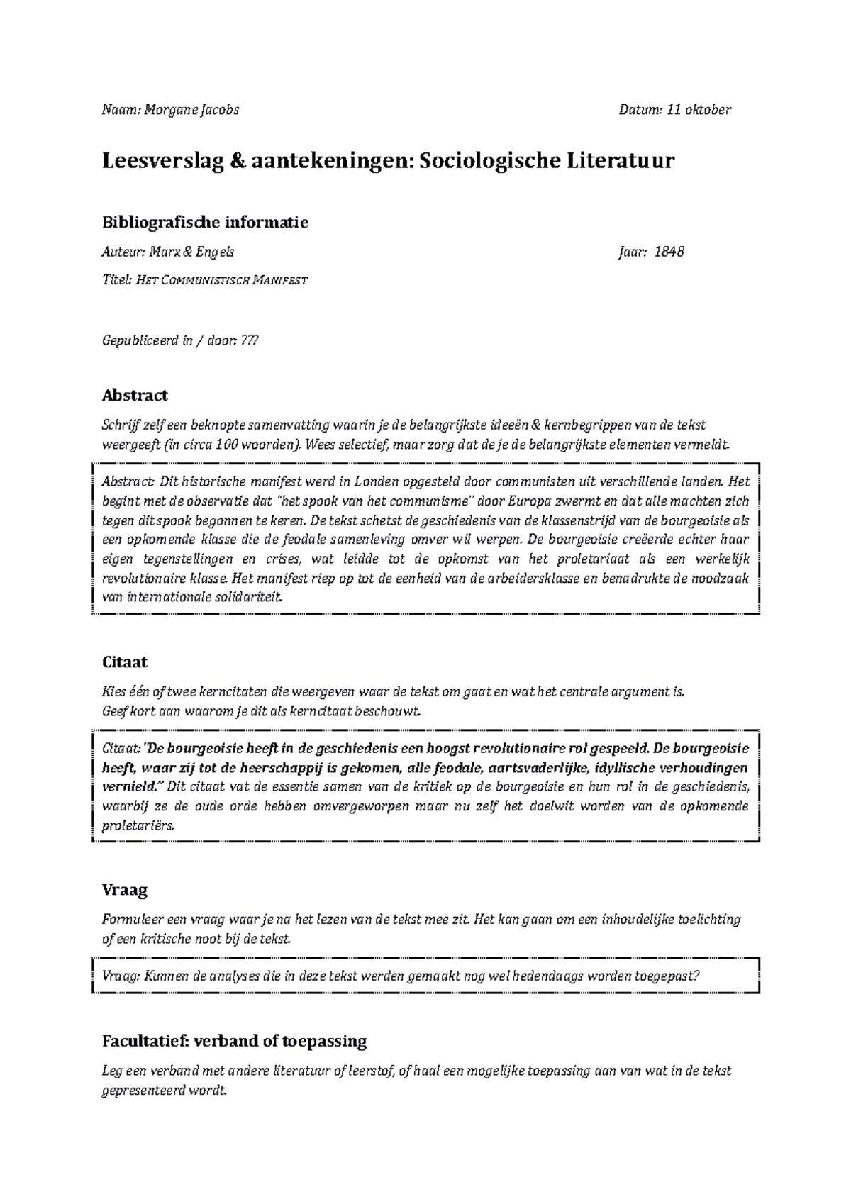 Leesverslag 1 Sociologische Literatuur - Naam: Morgane Jacobs Datum: 11 ...