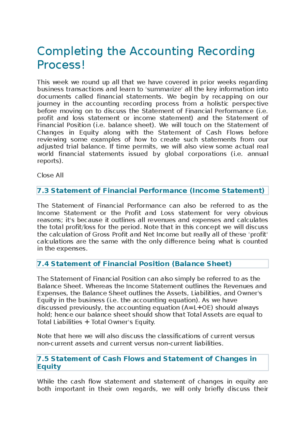 Accounting week 7 - notes for week 7 content - Completing the ...