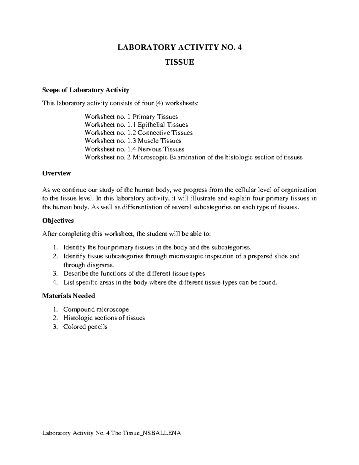 Laboratory Activity 3 Tissue - LABORATORY ACTIVITY NO. 4 TISSUE Scope ...