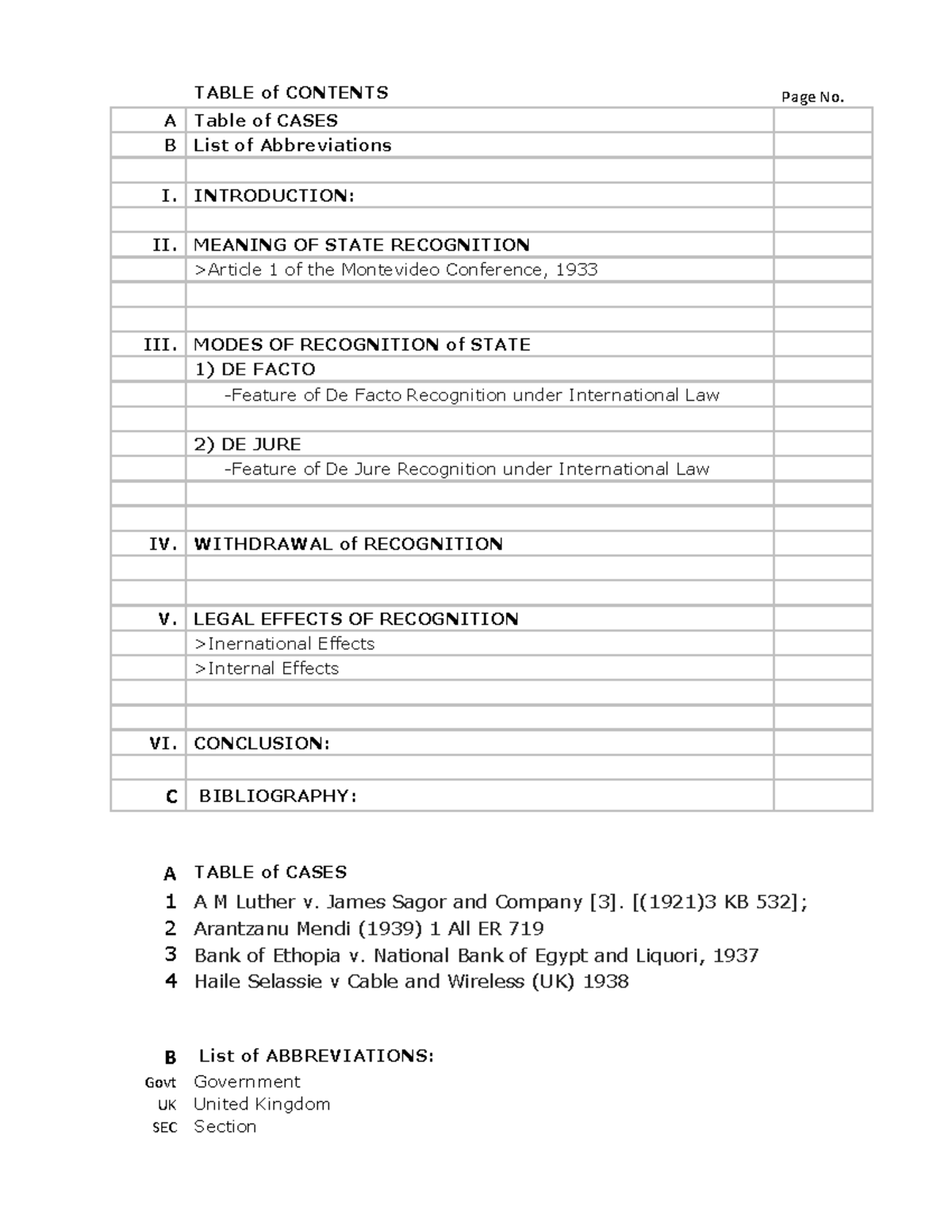 Recognition and Legal Effects -Final - TABLE of CONTENTS Page No. A ...