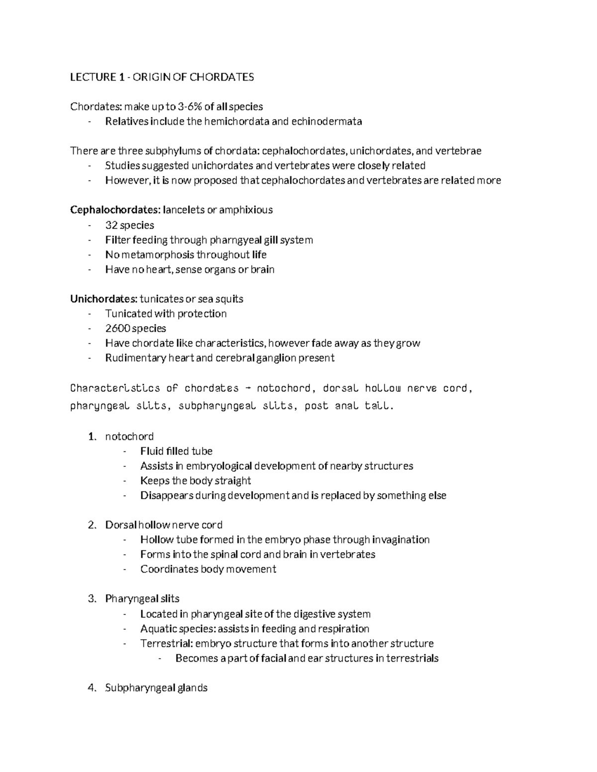 ZOO2090 Midterm 1 Notes - LECTURE 1 - ORIGIN OF CHORDATES Chordates ...