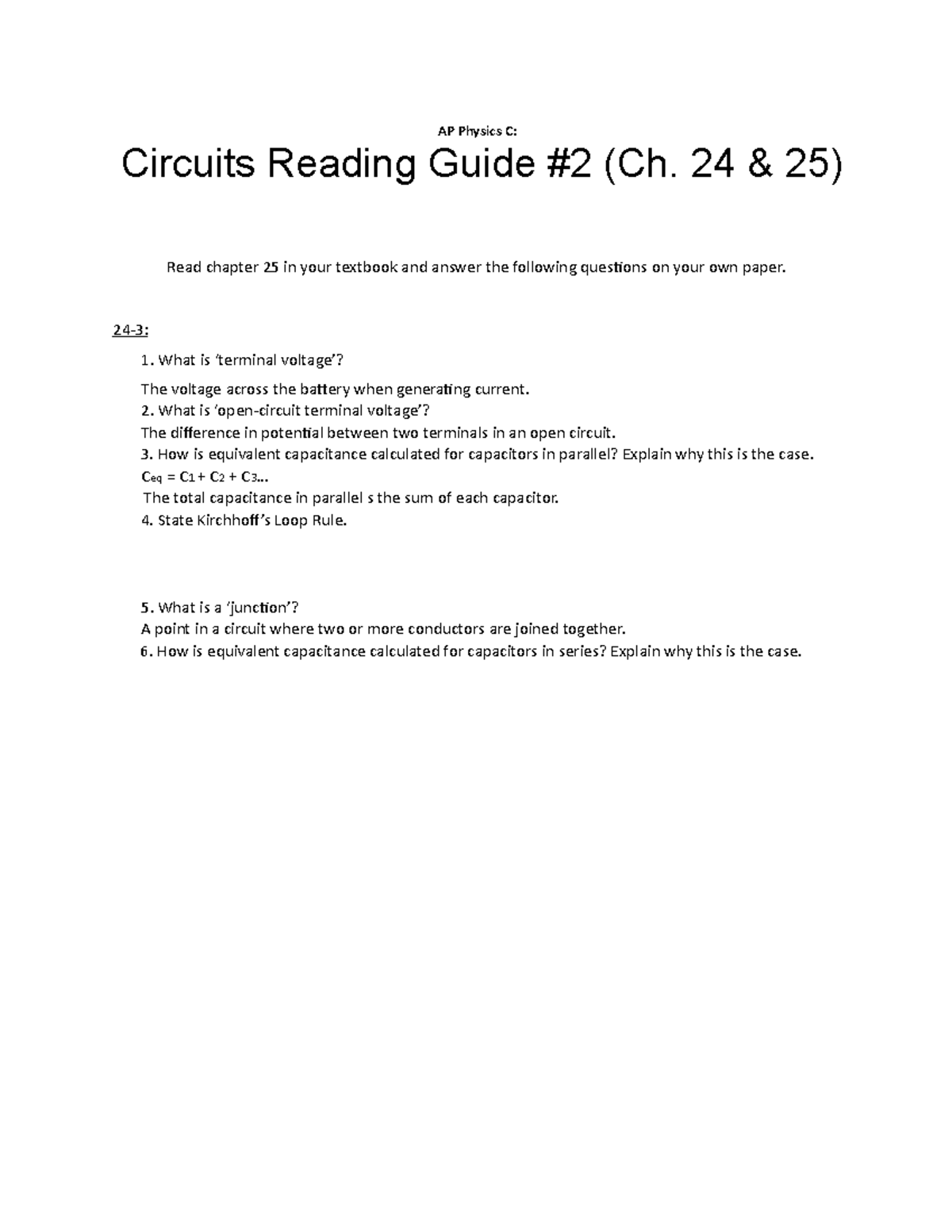 Circuits RG-2 (Ch - AP Physics C: Circuits Reading Guide #2 (Ch. 24 ...