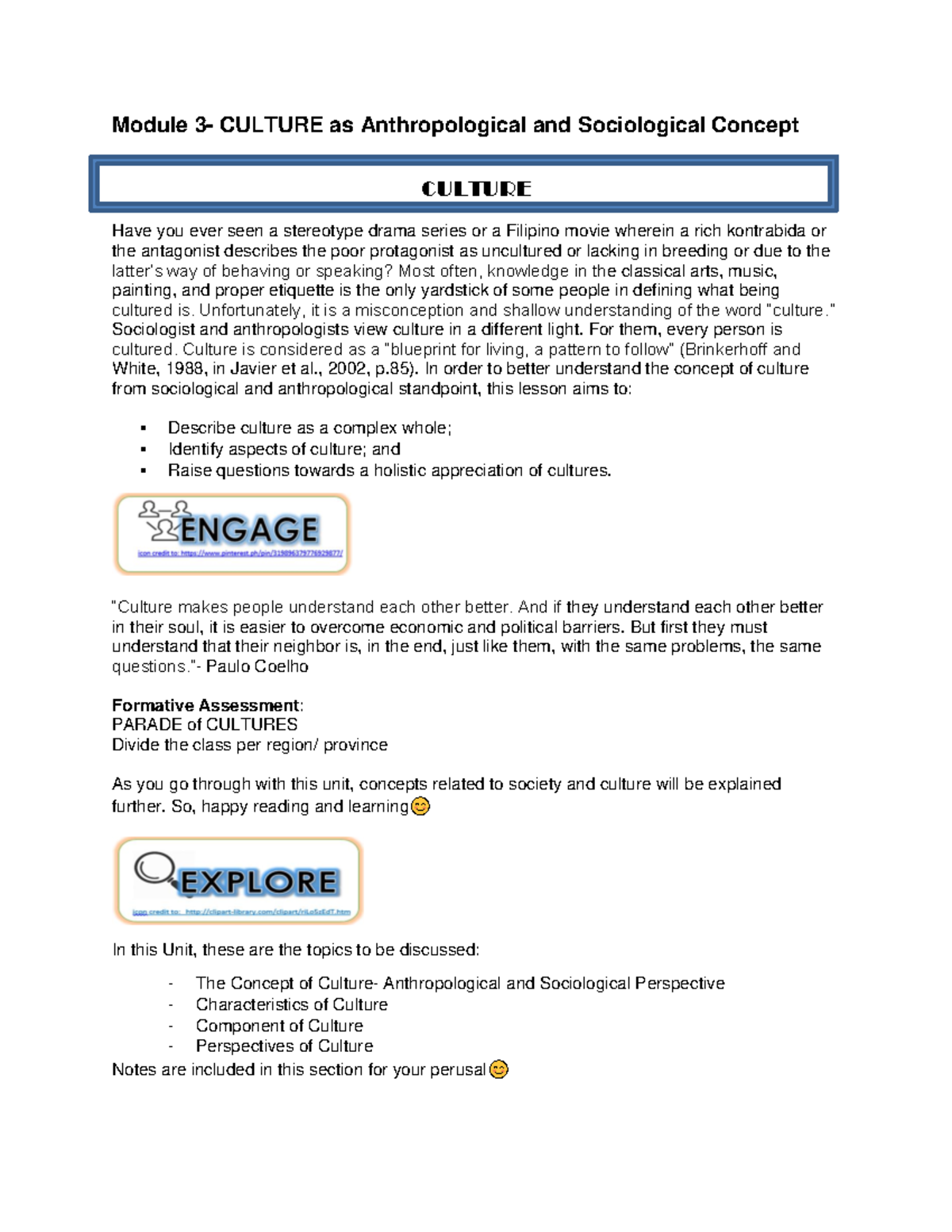 Module 3 UCSP-1 - Module 3- CULTURE as Anthropological and Sociological ...