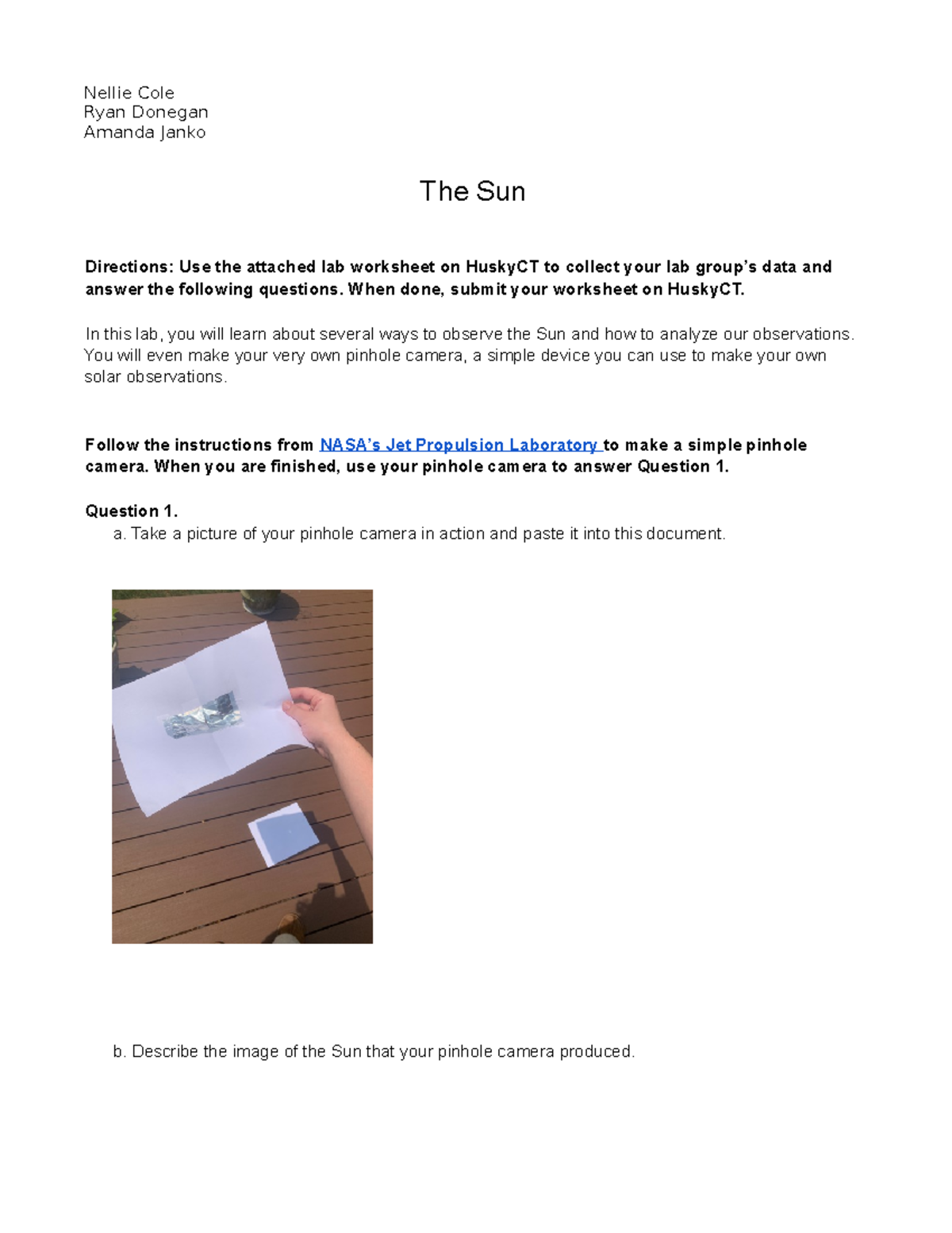 Lab 6- The Sun - Lab 6 for PHYSQ - Nellie Cole Ryan Donegan Amanda ...