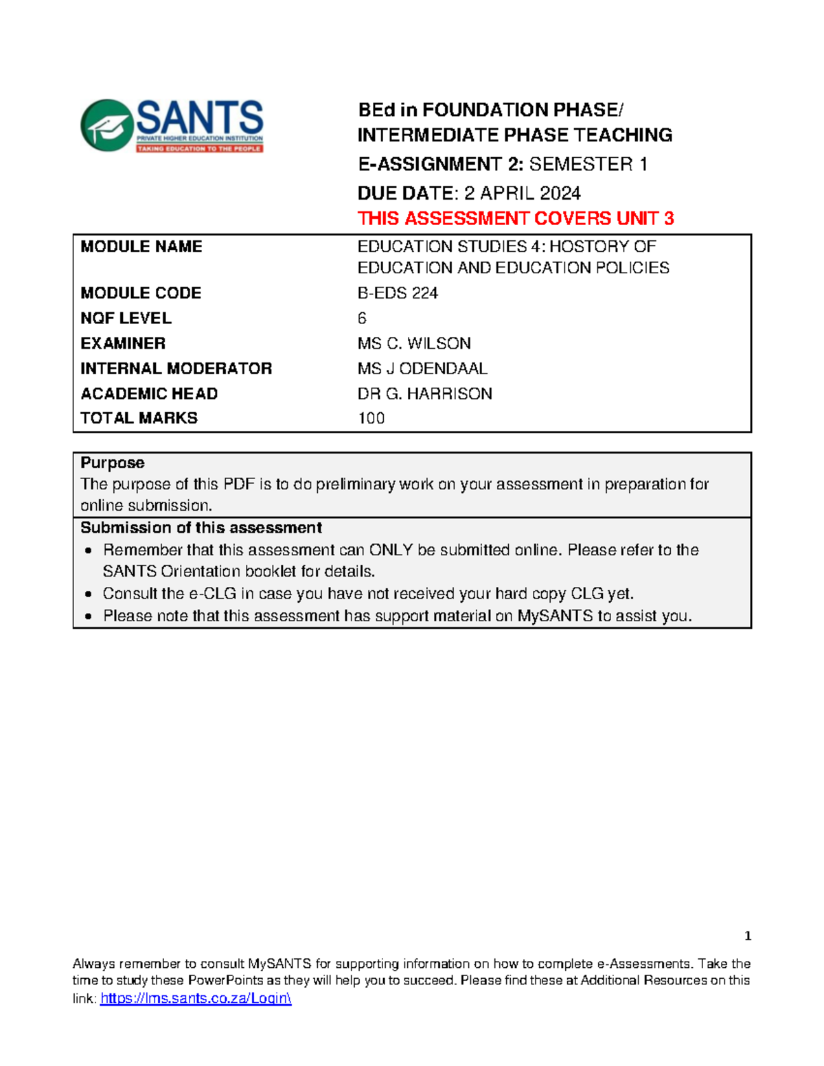 Assignemnt 2 - 1 Always remember to consult MySANTS for supporting ...