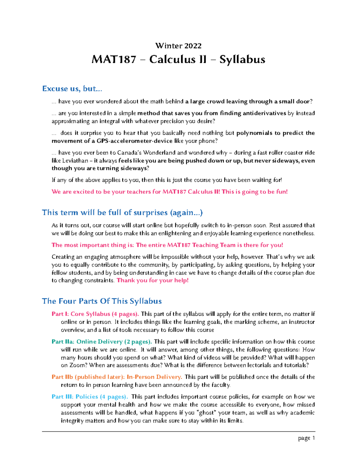 MAT187 syllabus - Winter 2022 MAT187 – Calculus II – Syllabus Excuse us ...