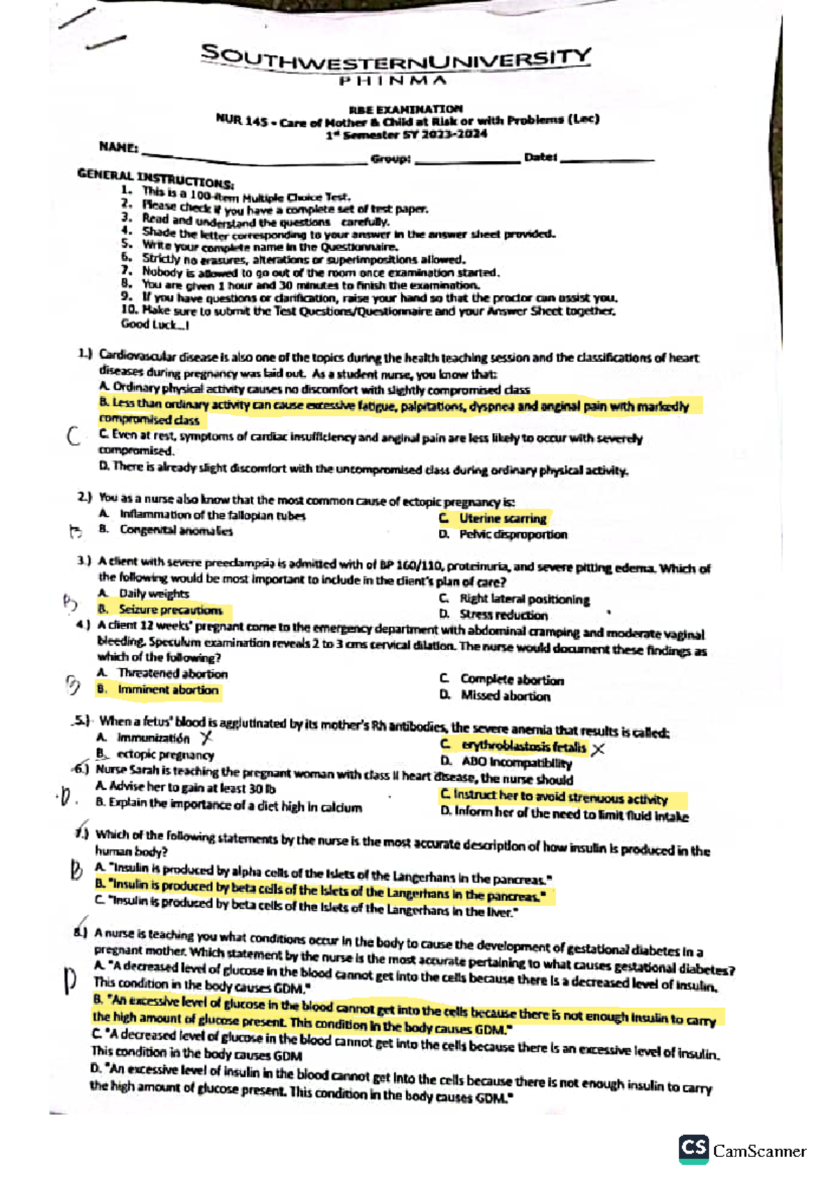 Lecture-MCN-2-RBE-EXAM - SOUTHWESTERNUNIVERSITY PHINMA RBE EXAMINATION NUR 145 Care of Mother ...