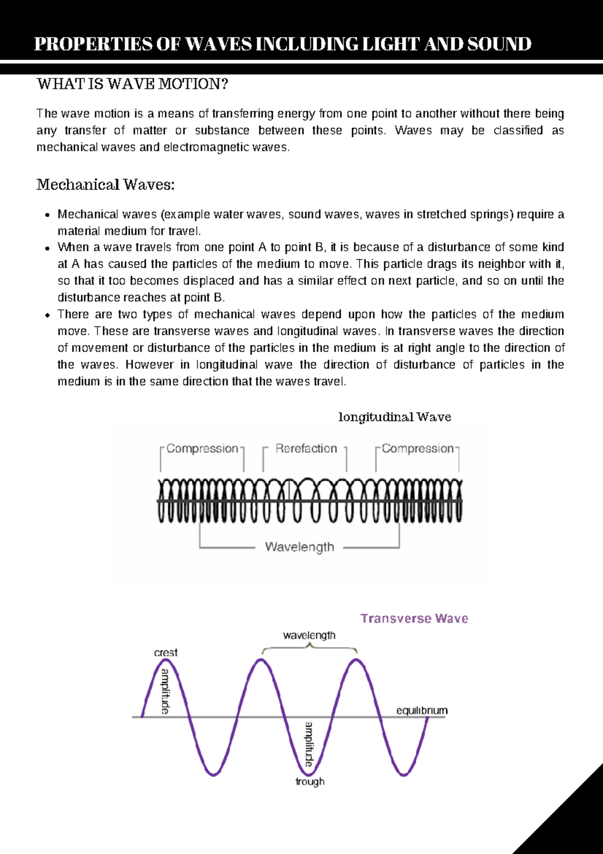 Wave and light - WHAT IS WAVE MOTION? PROPERTIES OF WAVES INCLUDING ...