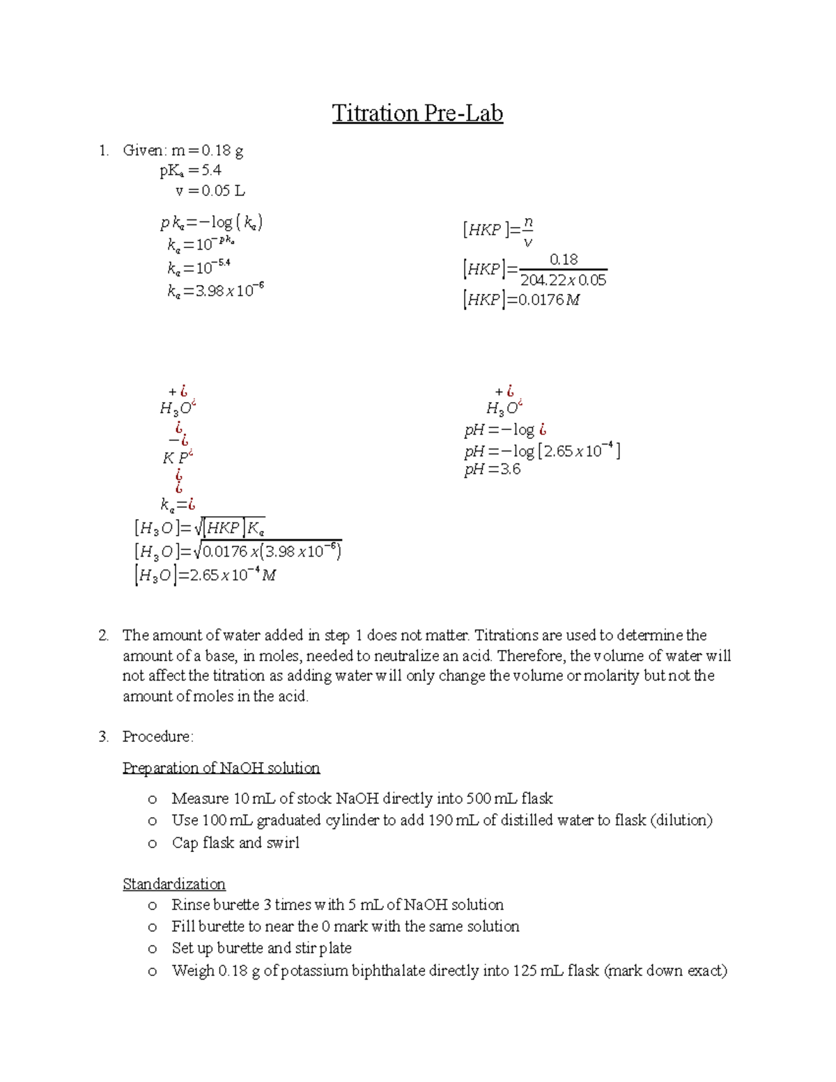Titration Pre-Lab - Titration Pre-Lab Given: m = 0 g pKa = 5. v = 0 L ...