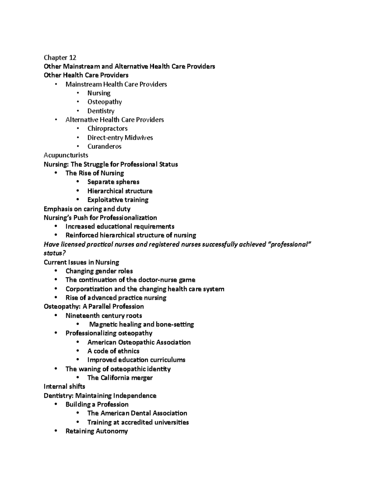 Chapter 12 - notes - Chapter 12 Other Mainstream and Alternative Health ...