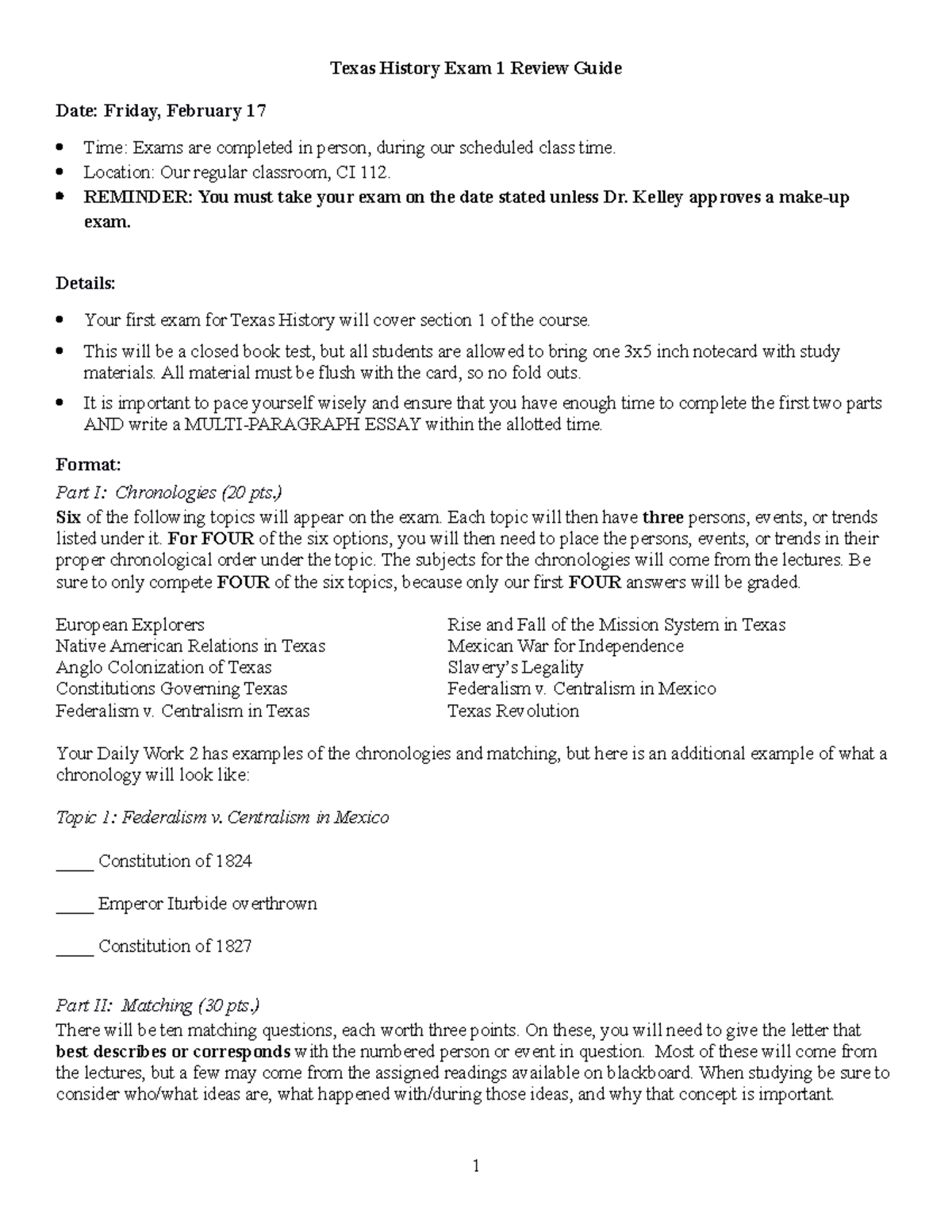 Exam 1 Review - Texas History Exam 1 Review Guide Date: Friday ...