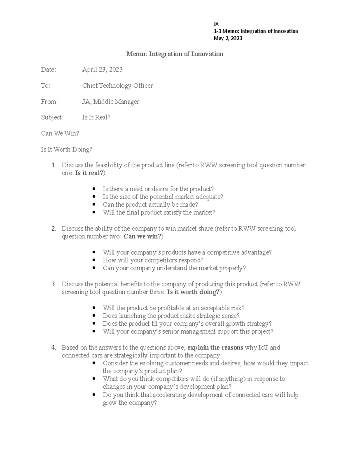 MBA 580 1-3 Memo Integration of Innovation-ja - JA 1-3 Memo ...