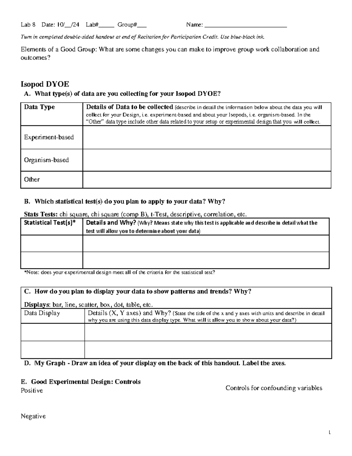 BIO204f24 Lab08 DYOE handout - 1 Lab 8 Date: 10//24 Lab#___ Group#___ Name: - Studocu