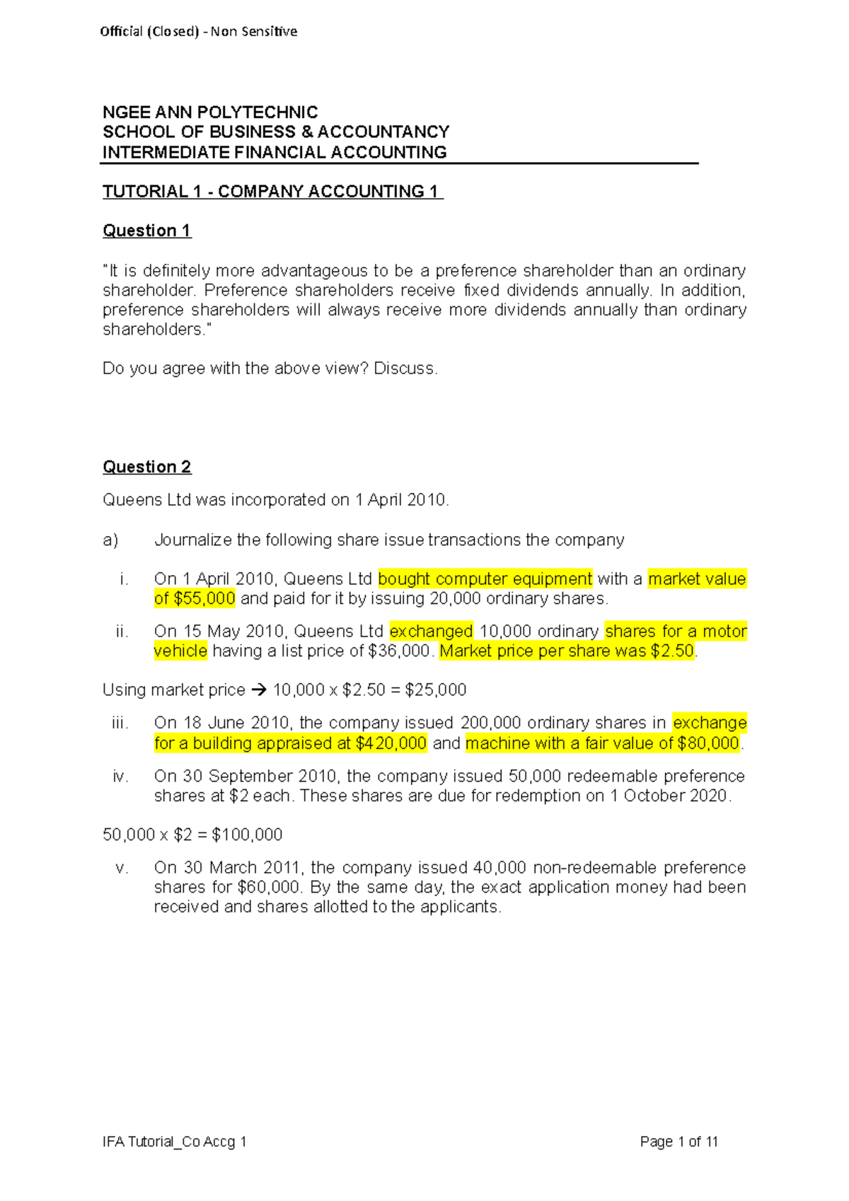 Week 1 company accounting 1 tutorial - NGEE ANN POLYTECHNIC SCHOOL OF ...