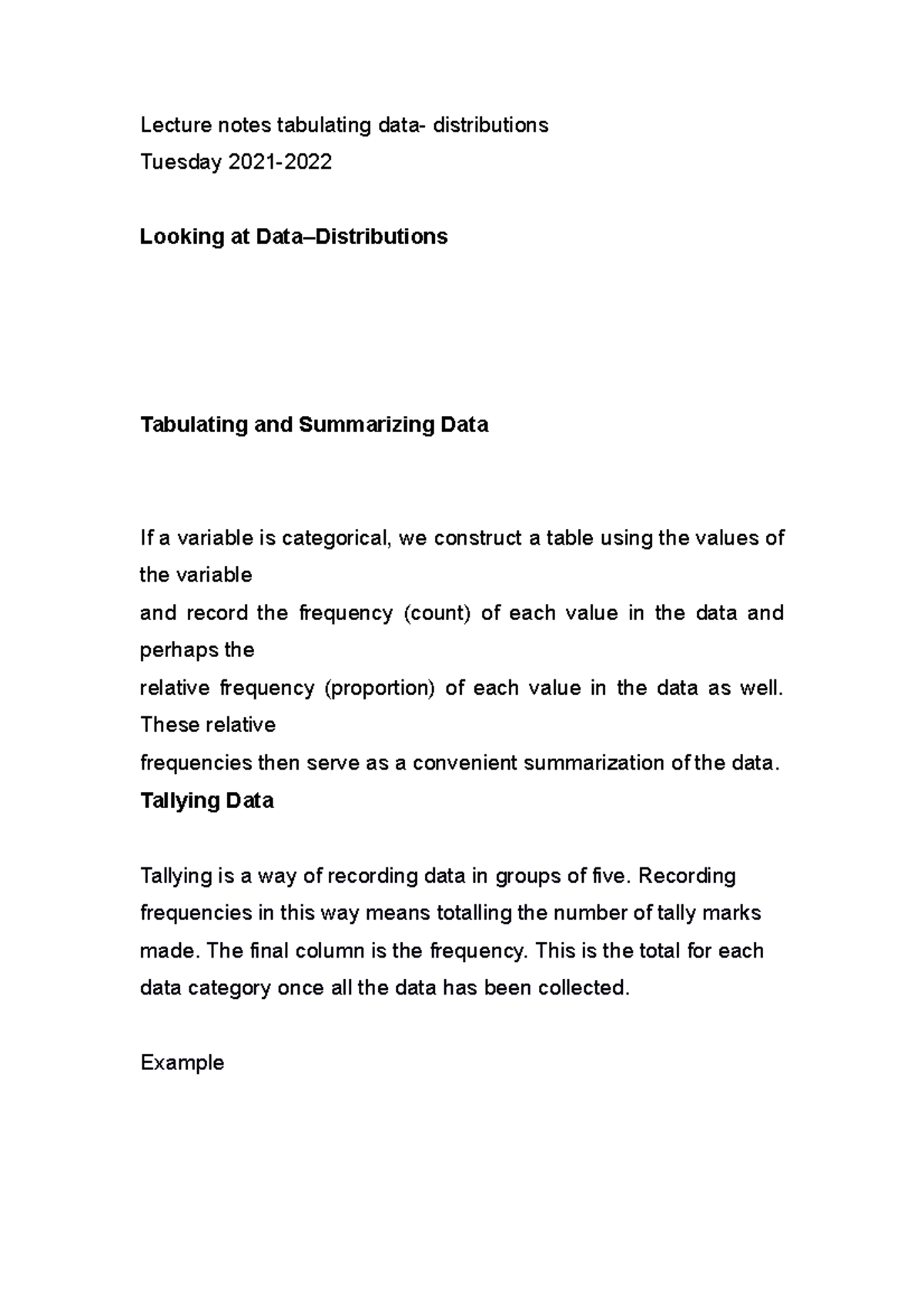 Lecture notes tabulating data- distributions - These relative ...