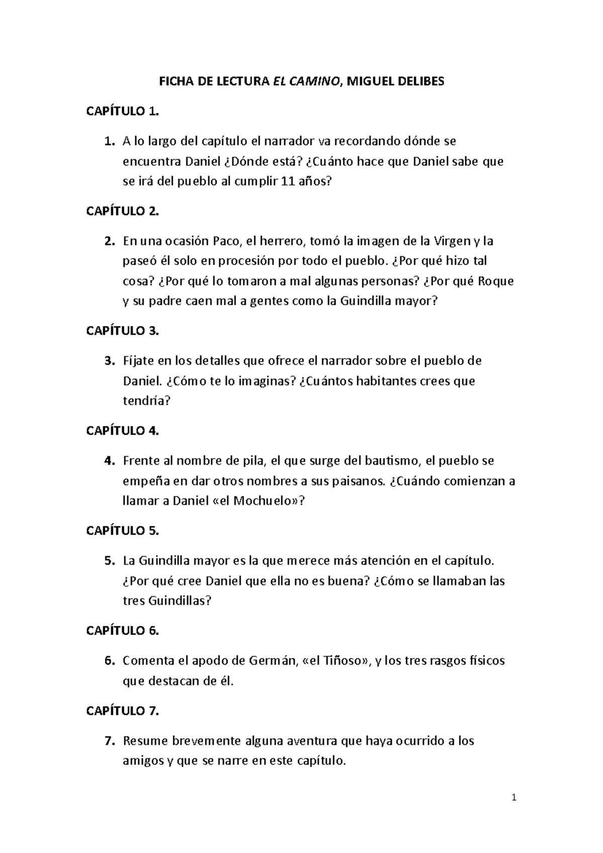 Ficha DE Lectura EL Camino Miguel Delibes - FICHA DE LECTURA EL CAMINO ...
