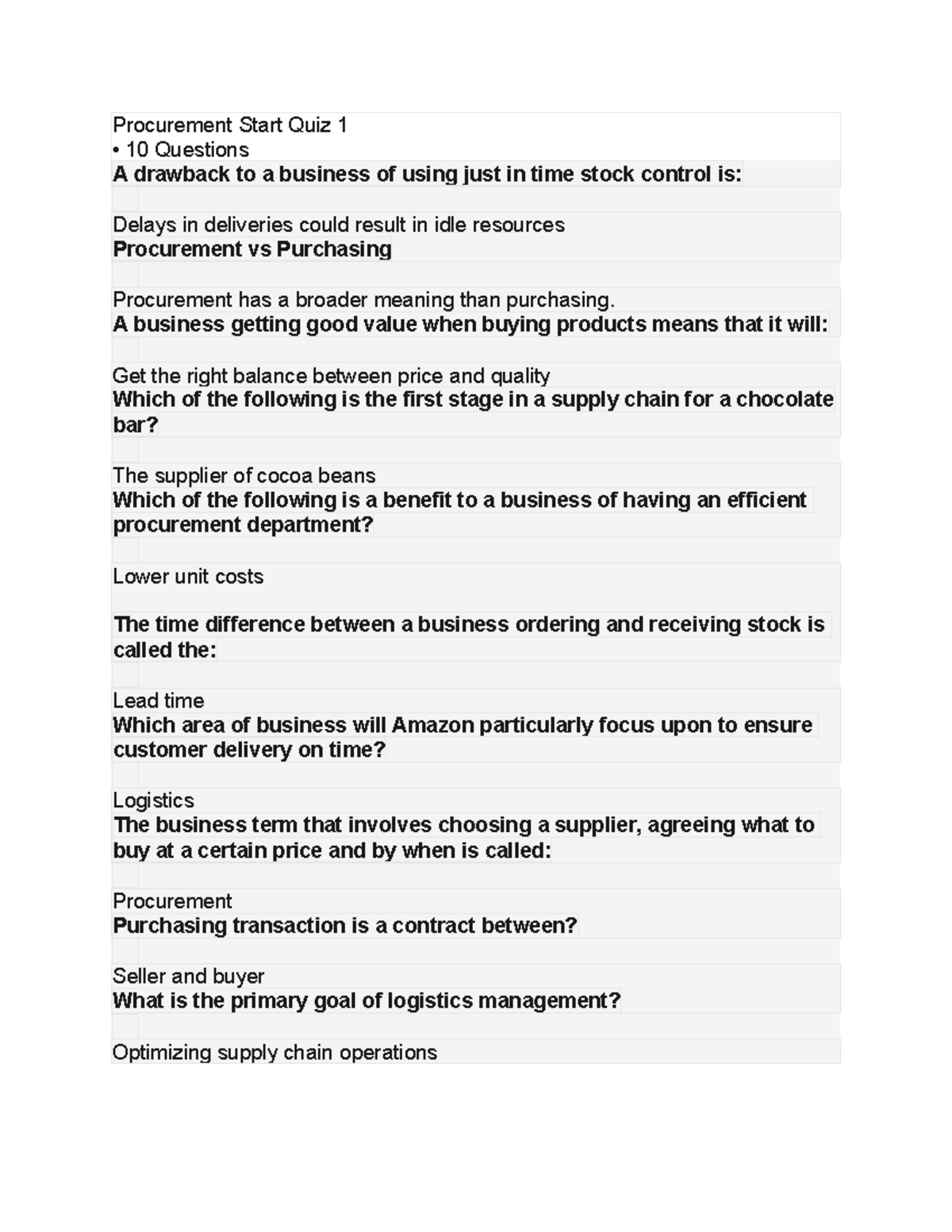 Procurement Start Quiz 1 - A business getting good value when buying ...