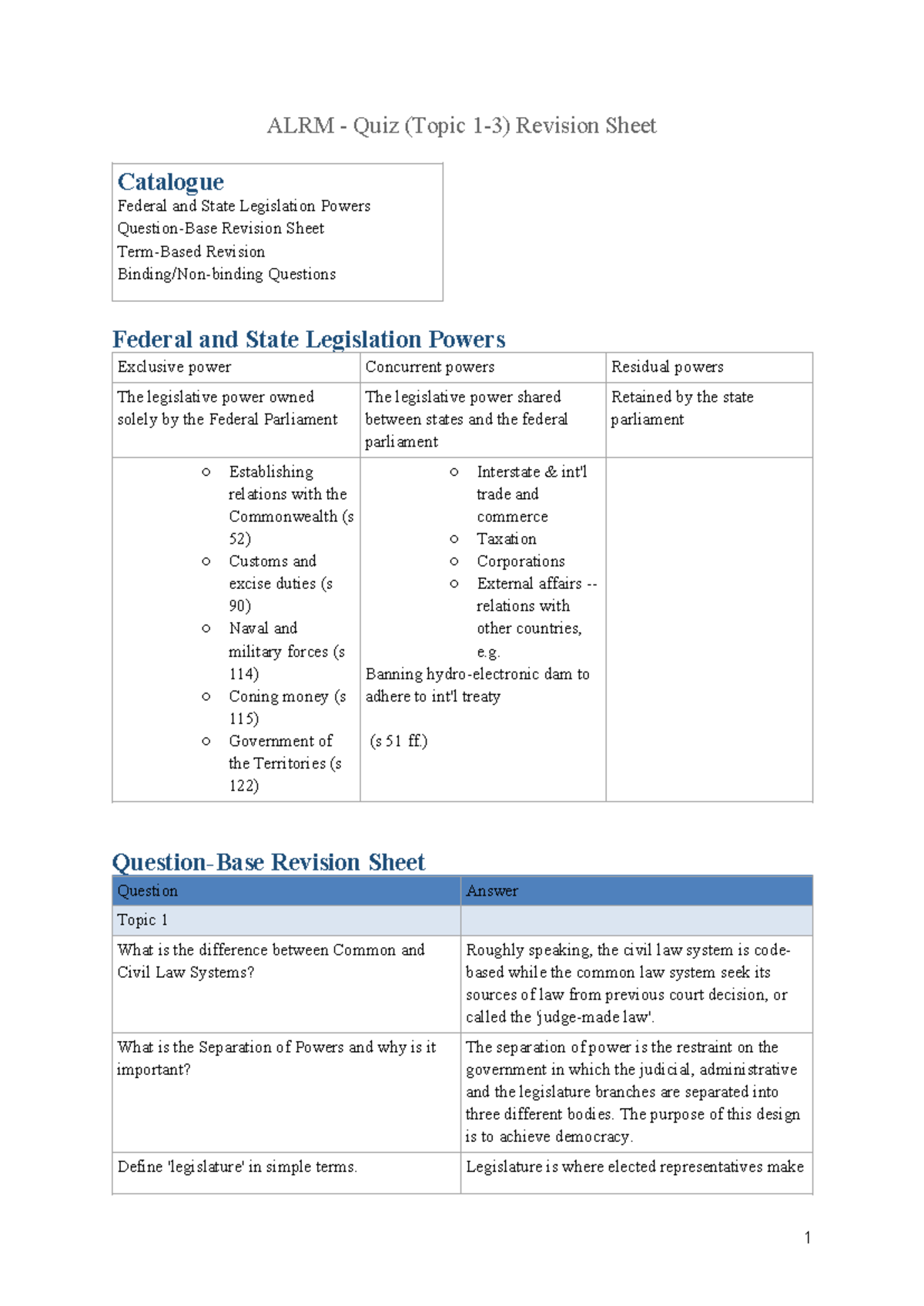 ALRM - Quiz (Topic 1-3) Revision Sheet - ALRM - Quiz (Topic 1-3 ...
