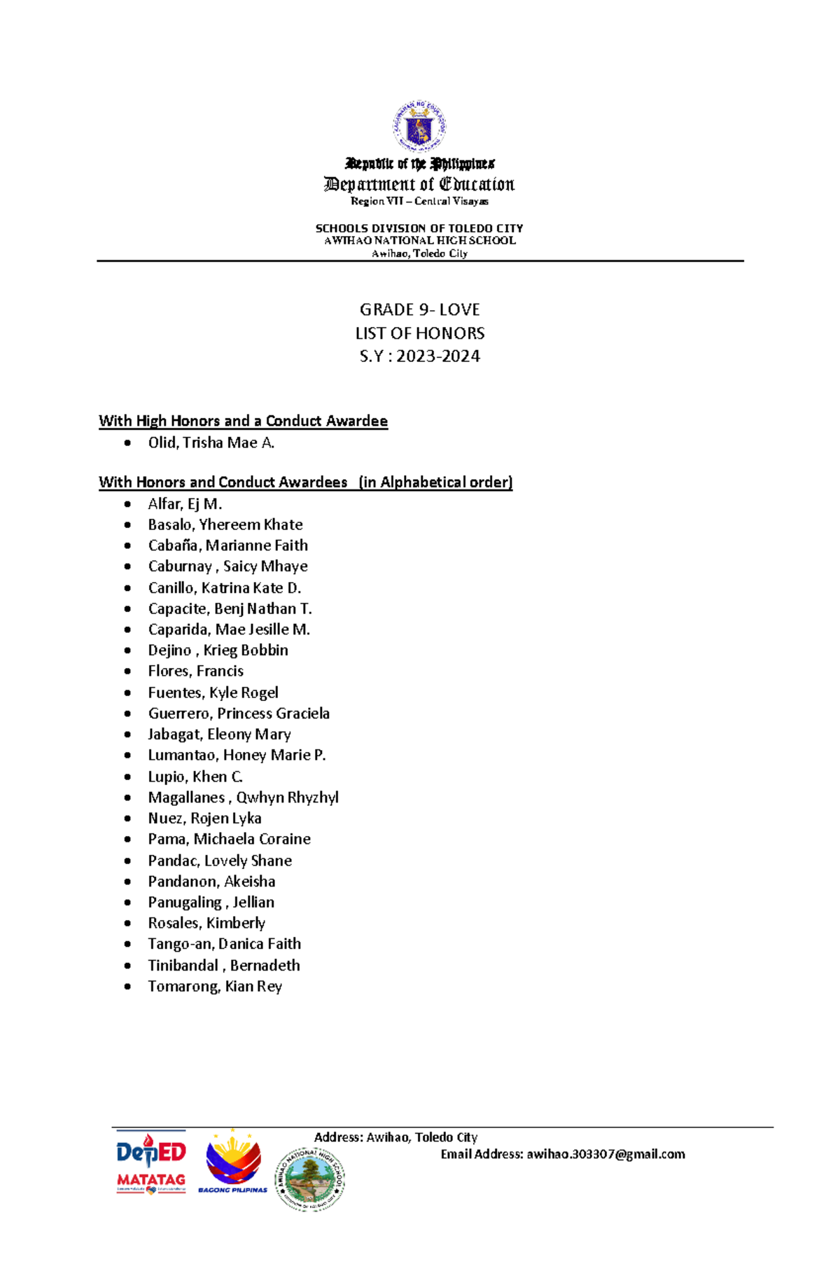 LIST-OF- Honors Template - Address: Awihao, Toledo City Email Address ...