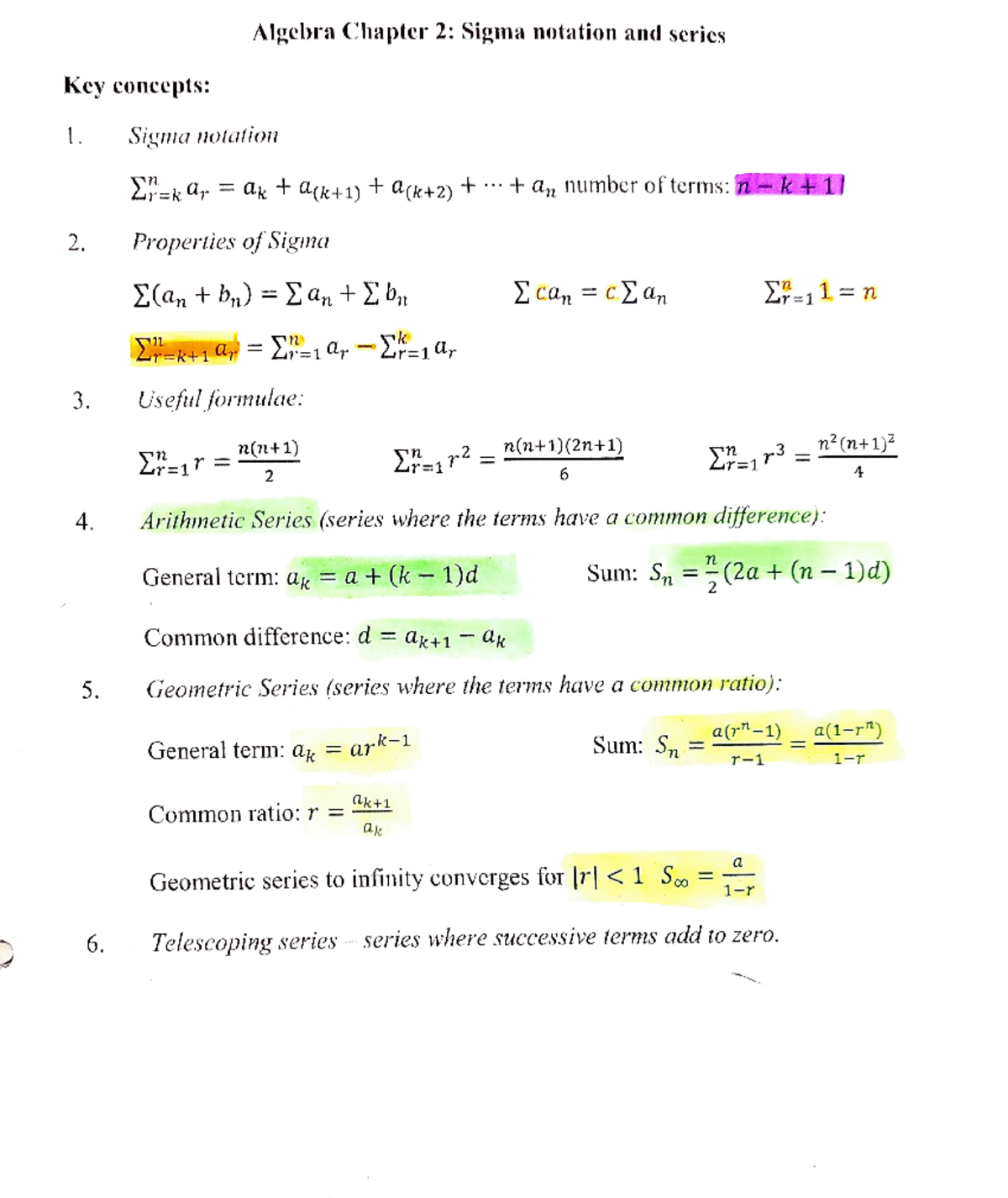 Algebra Sigma notation and series - Key concepts: Algebra Chapter 2 ...