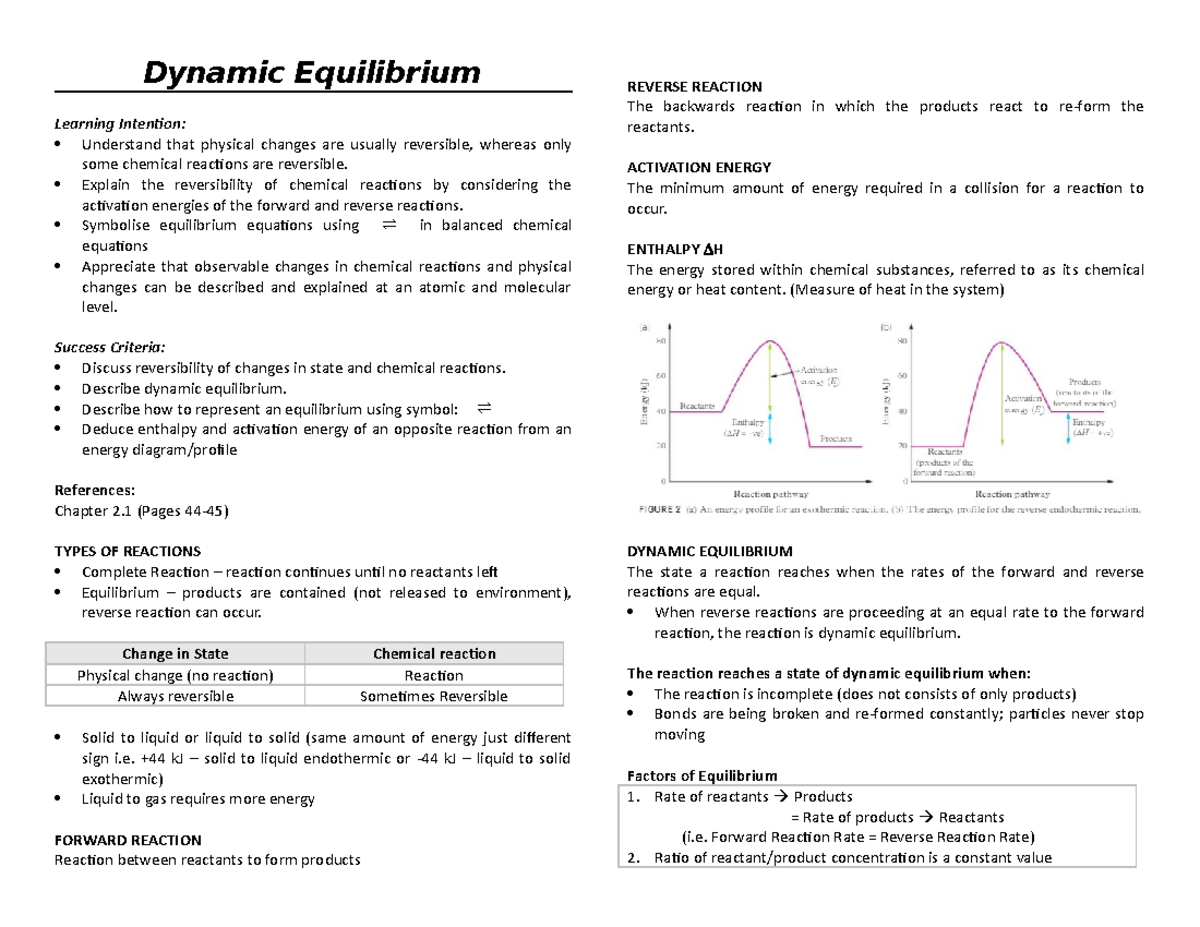 CHEM Unit 3 topic 1 Notes - Dynamic Equilibrium Learning Intention ...