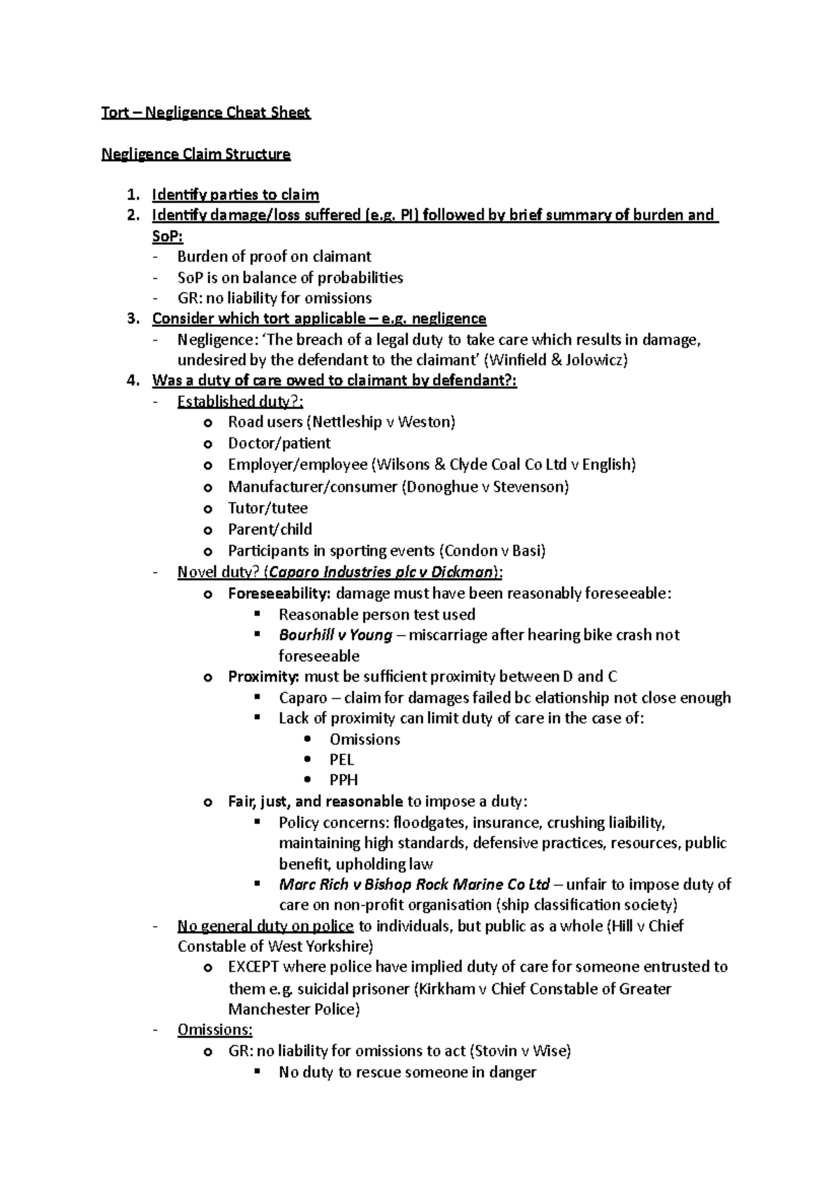 Tort – Negligence Cheat Sheet - Tort – Negligence Cheat Sheet ...