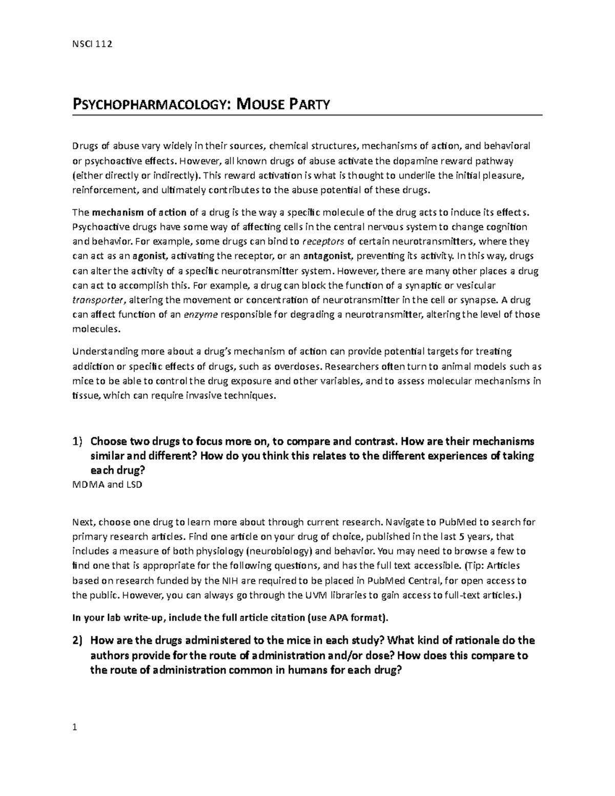 Lab 8 Mouse Party - Lab for neuroscience - fpur PSYCHOPHARMACOLOGY ...