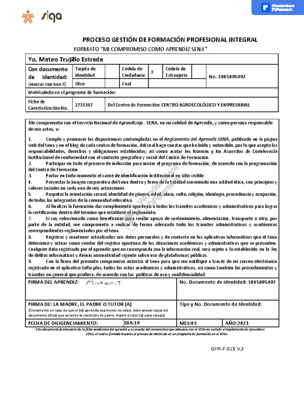 Formato Compromiso del Aprendiz V2 - PROCESO GESTIÓN DE FORMACIÓN PROFESIONAL INTEGRAL FORMATO ...
