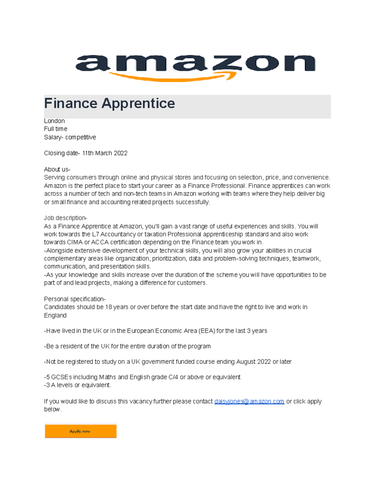 Finance Apprentice - Finance Apprentice London Full time Salary ...