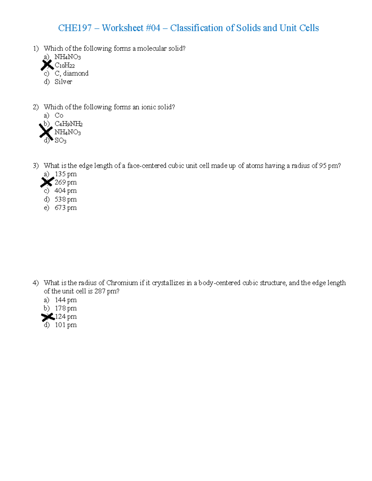 CHE107 – Worksheet 4 – Classification of Solids and Unit Cells - CHE197 – Worksheet #0 4 – - Studocu