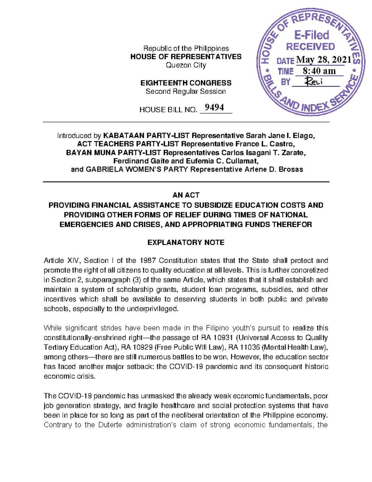 HB09494 - Republic of the Philippines HOUSE OF REPRESENTATIVES Quezon ...